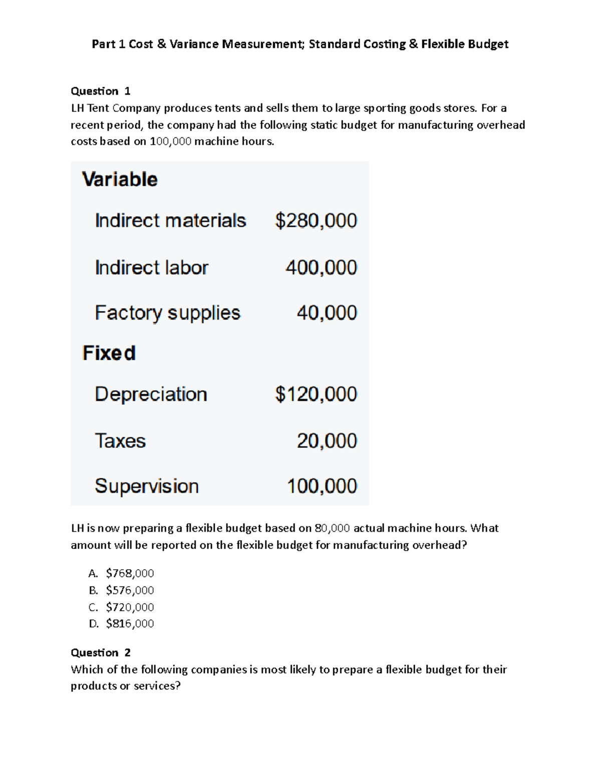 Part 1 Cost & Variance Measurement Standard Costing & Flexible Budget Qs 03 Nov 2024 - Question ...