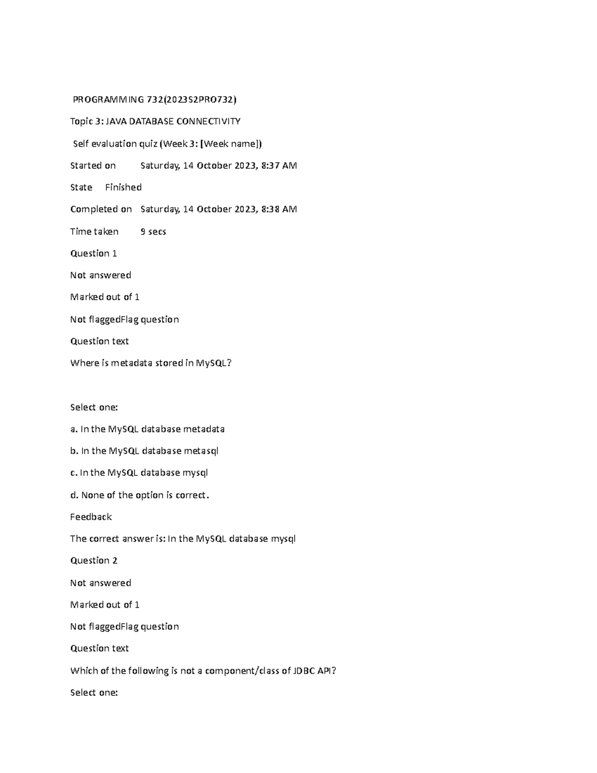 Prog-2 - Mcq - PROGRAMMING 732(2023S2PRO732) Topic 3: JAVA DATABASE ...