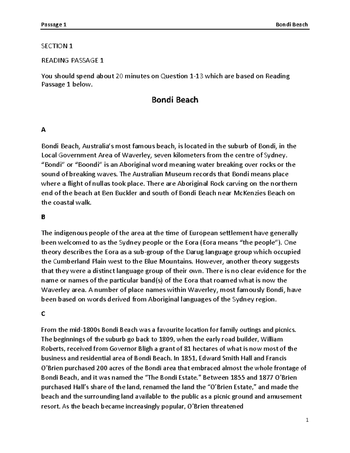 03 Passage 1 - Bondi Beach Q1-13 - SECTION 1 READING PASSAGE 1 You ...