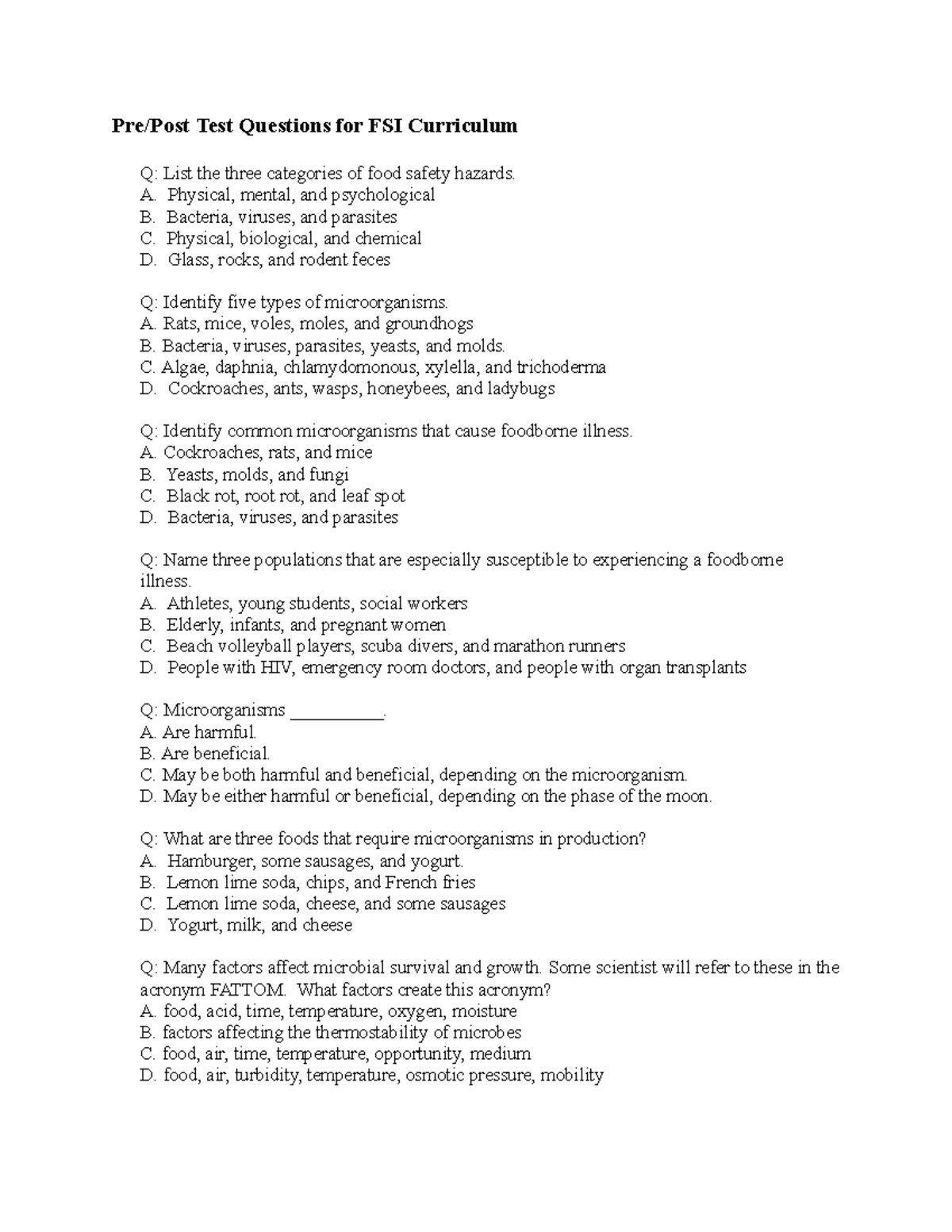 FSIPre-Posttest - Agriscience - Pre/Post Test Questions for FSI ...