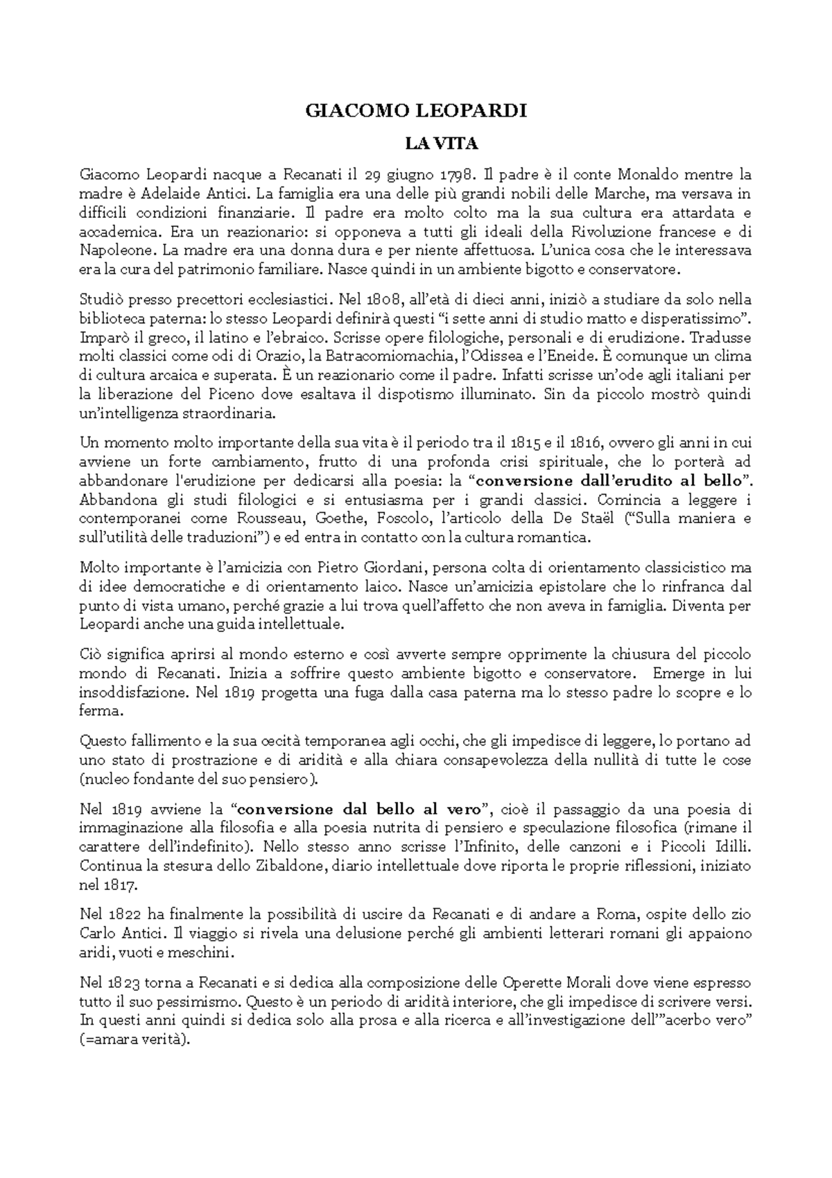1- Leopardi - Teoria, scuola superiore - GIACOMO LEOPARDI LA VITA ...