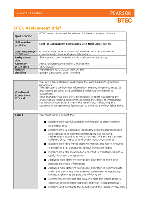 BTEC APPLIED SCIENCE UNIT 2D - How am I doing? Overall, I managed to do ...