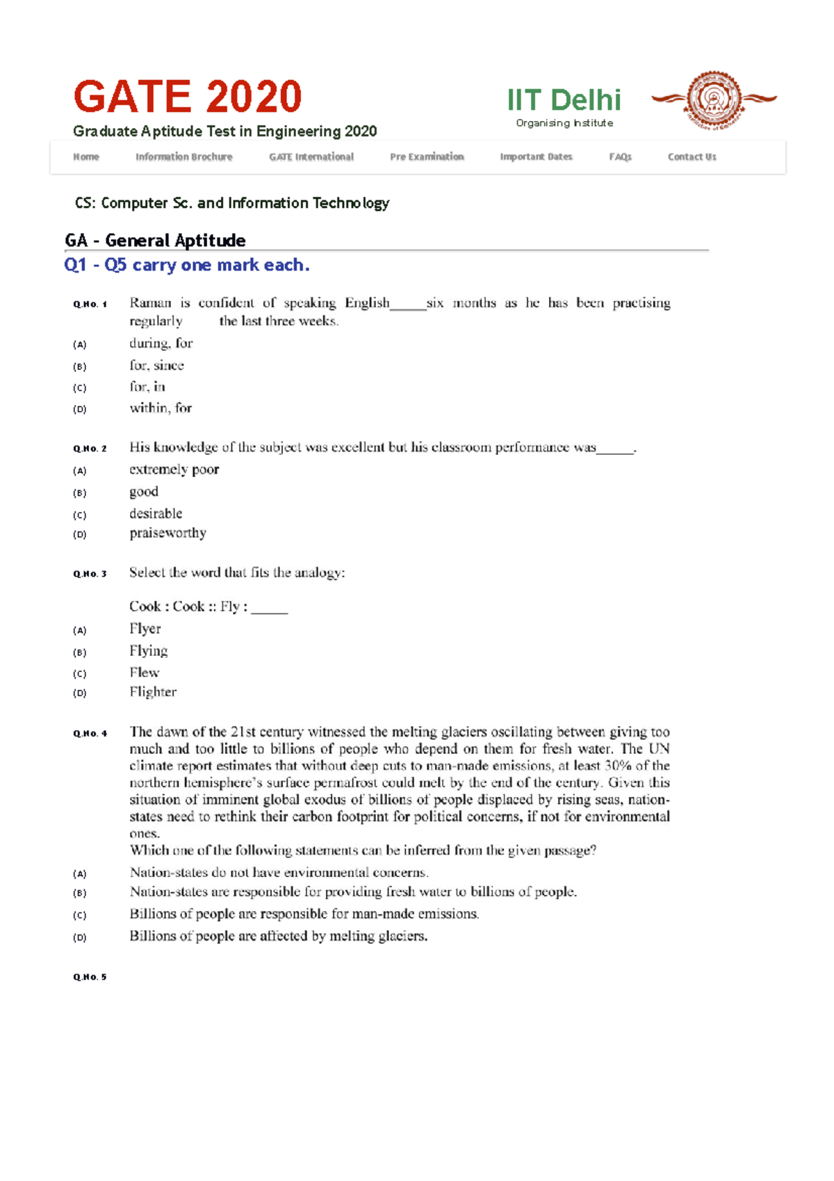 Gate-2020-cs-question-paper-set-1 - GA - General Aptitude Q1 - Q5 carry one mark each. Q. 1 (A ...