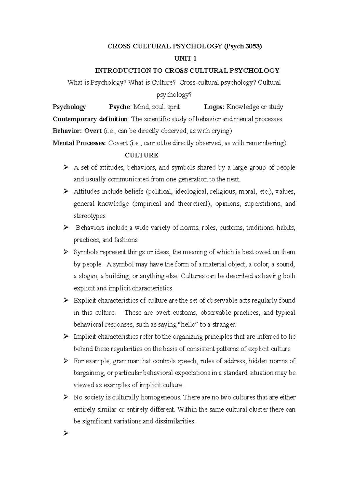 Cross Cultural Ps ch 1 - notes - CROSS CULTURAL PSYCHOLOGY (Psych 3053 ...