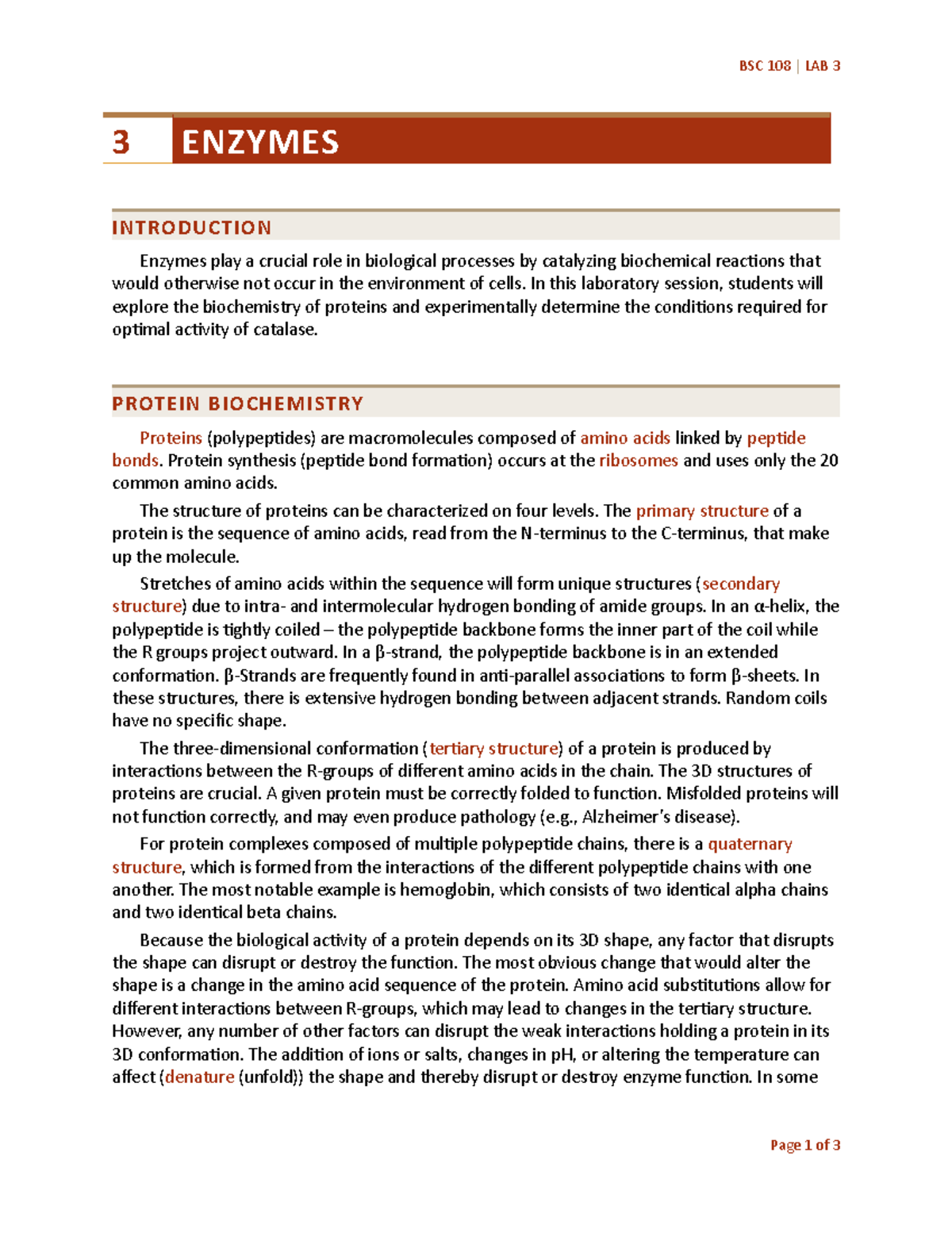L03 fl - N/A - BSC 108 | LAB 3 3 ENZYMES INTRODUCTION Enzymes play a ...