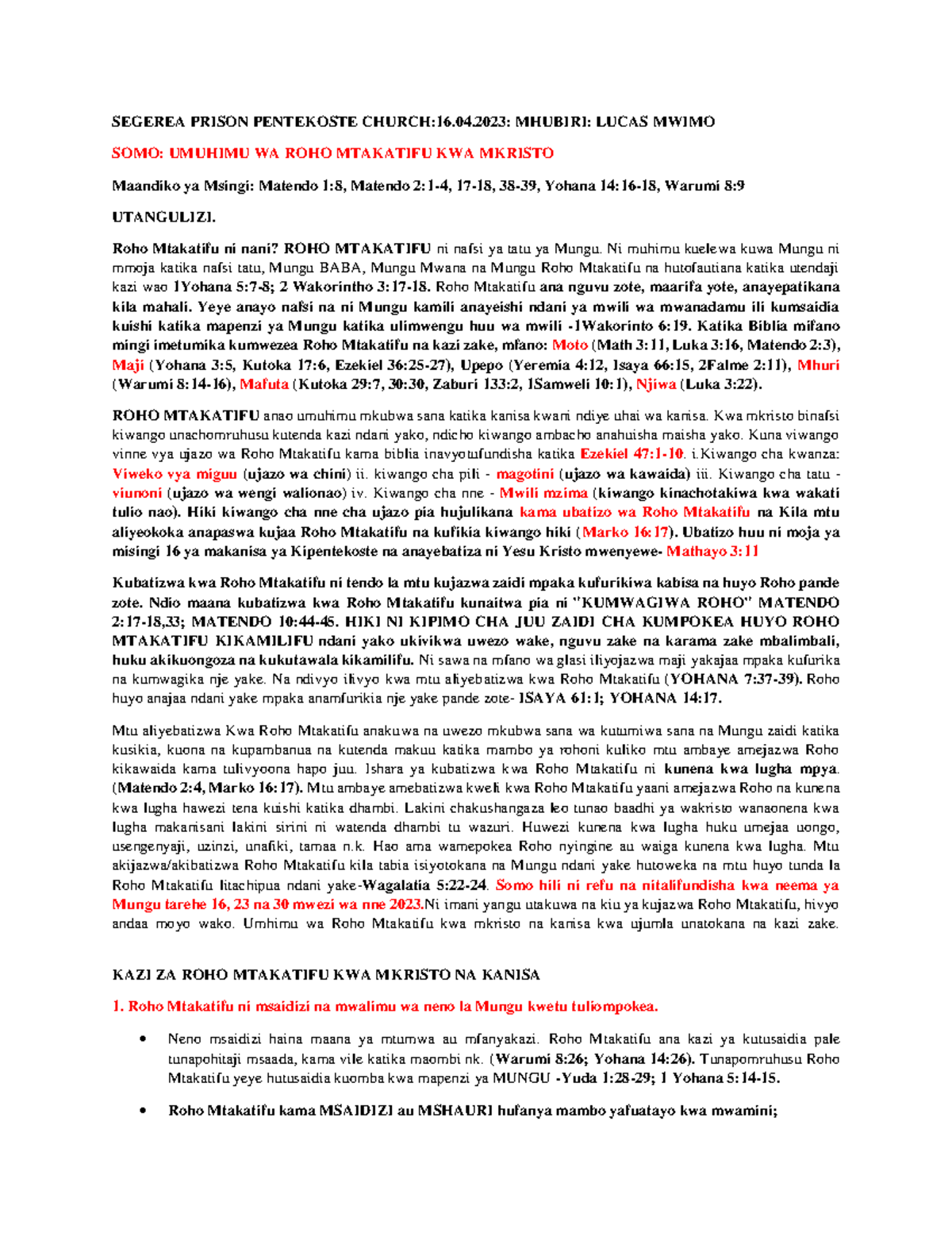 SOMO LA ROHO Mtakatifu Segerea Prison 16 - SEGEREA PRISON PENTEKOSTE CHURCH:16.04: MHUBIRI ...