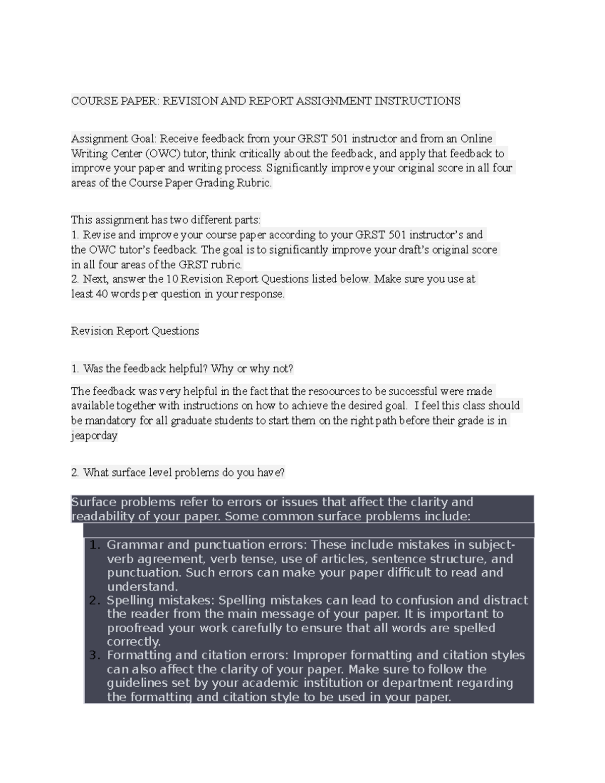 Course paper revision - OWC GRST501 - COURSE PAPER: REVISION AND REPORT ...