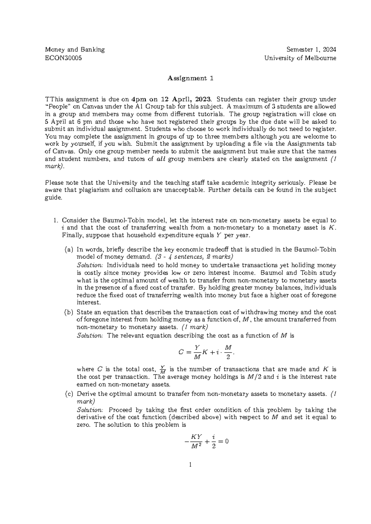 A1S 30005 - Assignment 1: Money and Banking Overview - Money and Banking ECON Semester 1, 2024 ...