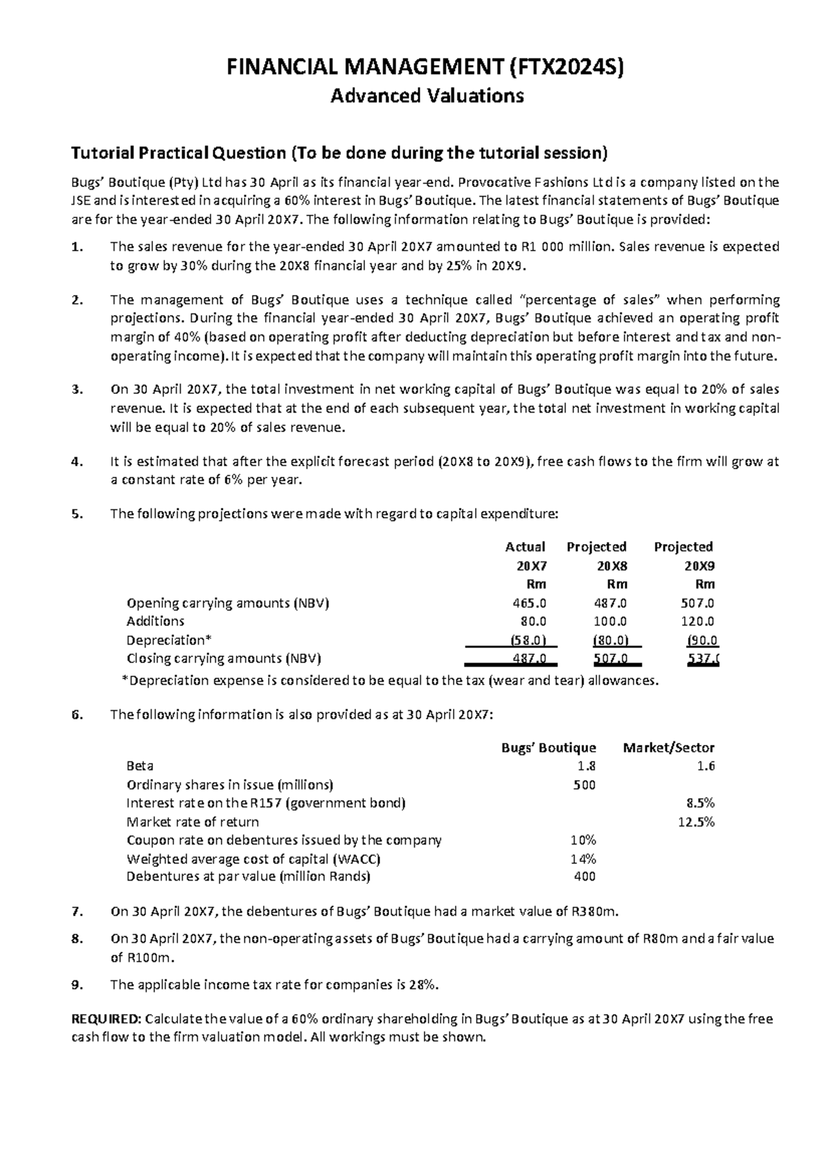 AV Tut questions PB - Tutorial question - FINANCIAL MANAGEMENT (FTX2024S) Advanced Valuations ...