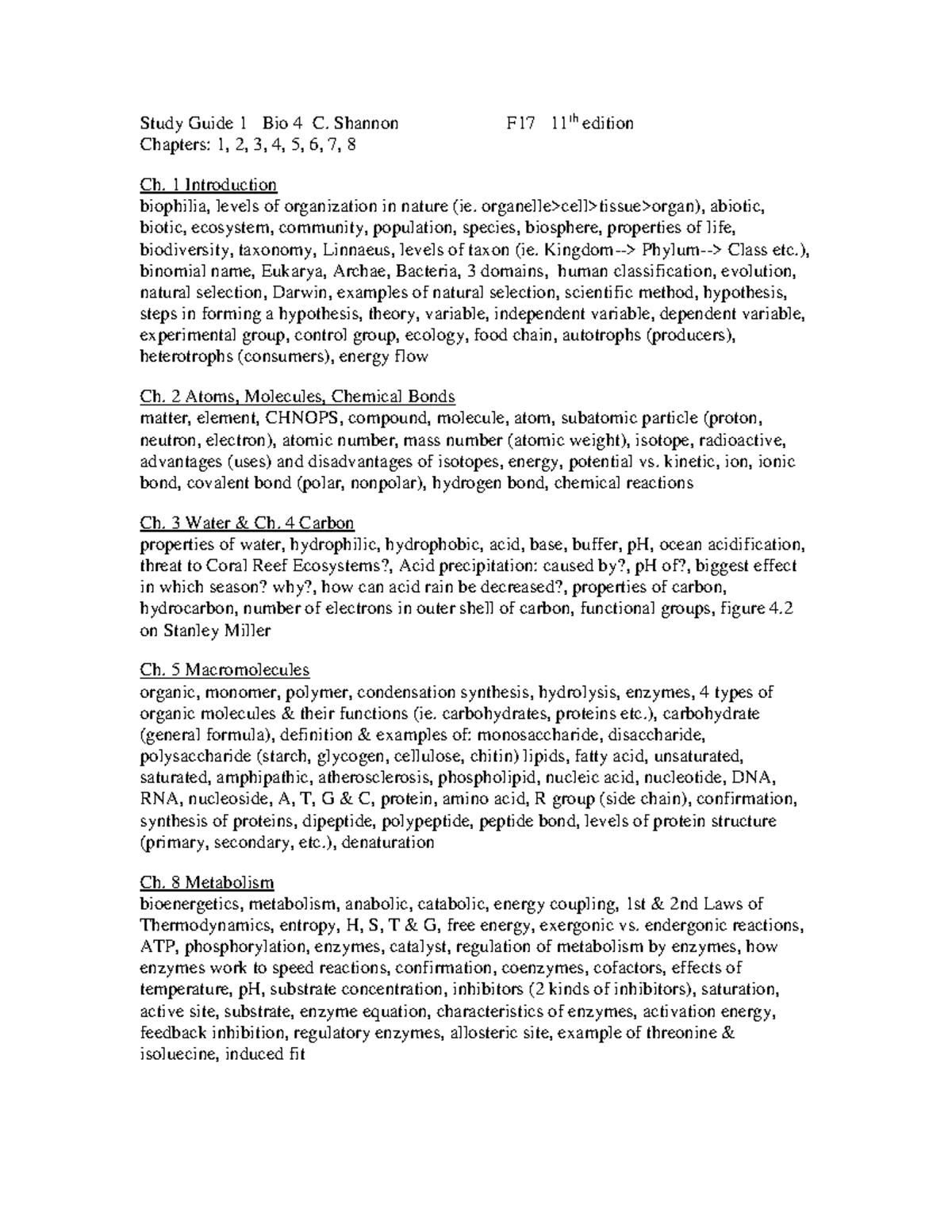 Stdygd 1F17 Notes Study Guide 1 Bio 4 C Shannon F17 11th Edition