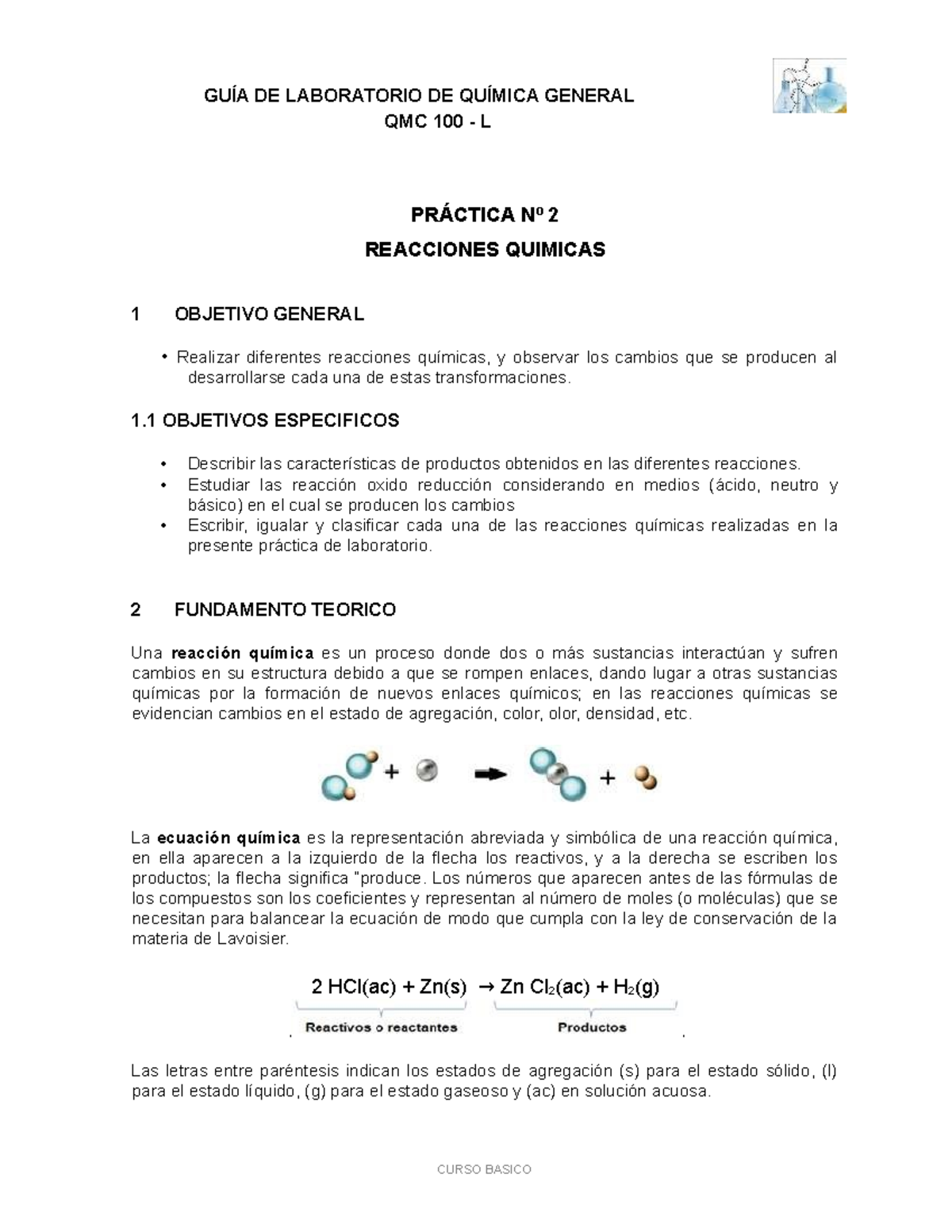 GUIA del labo química XD - QMC 100 - L PRÁCTICA Nº 2 REACCIONES QUIMICAS 1 OBJETIVO GENERAL ...