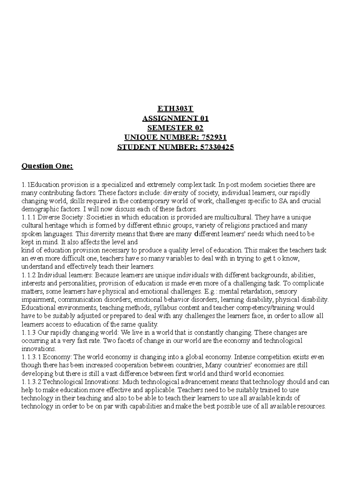 ETH303T Assignment 01 2018 - ETH303T ASSIGNMENT 01 SEMESTER 02 UNIQUE ...