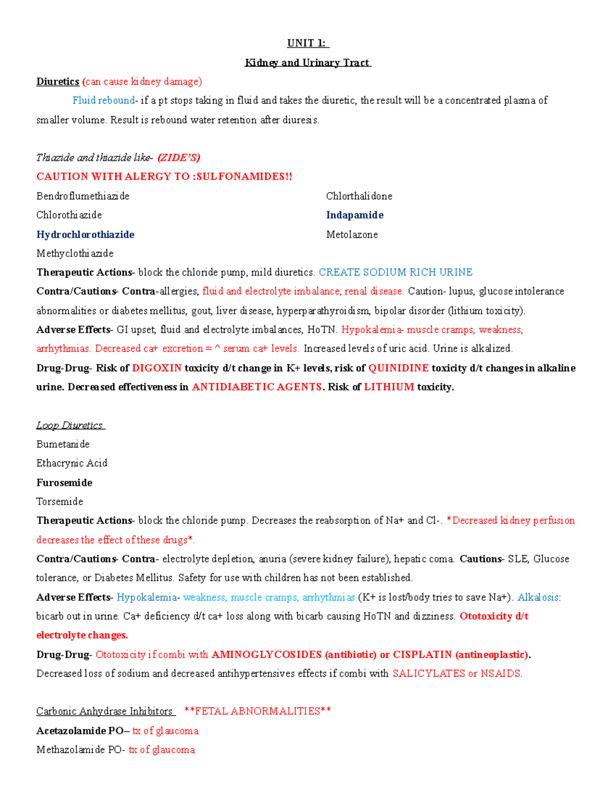 Pharmacology worksheet 317 - UNIT 1: Kidney and Urinary Tract Diuretics ...