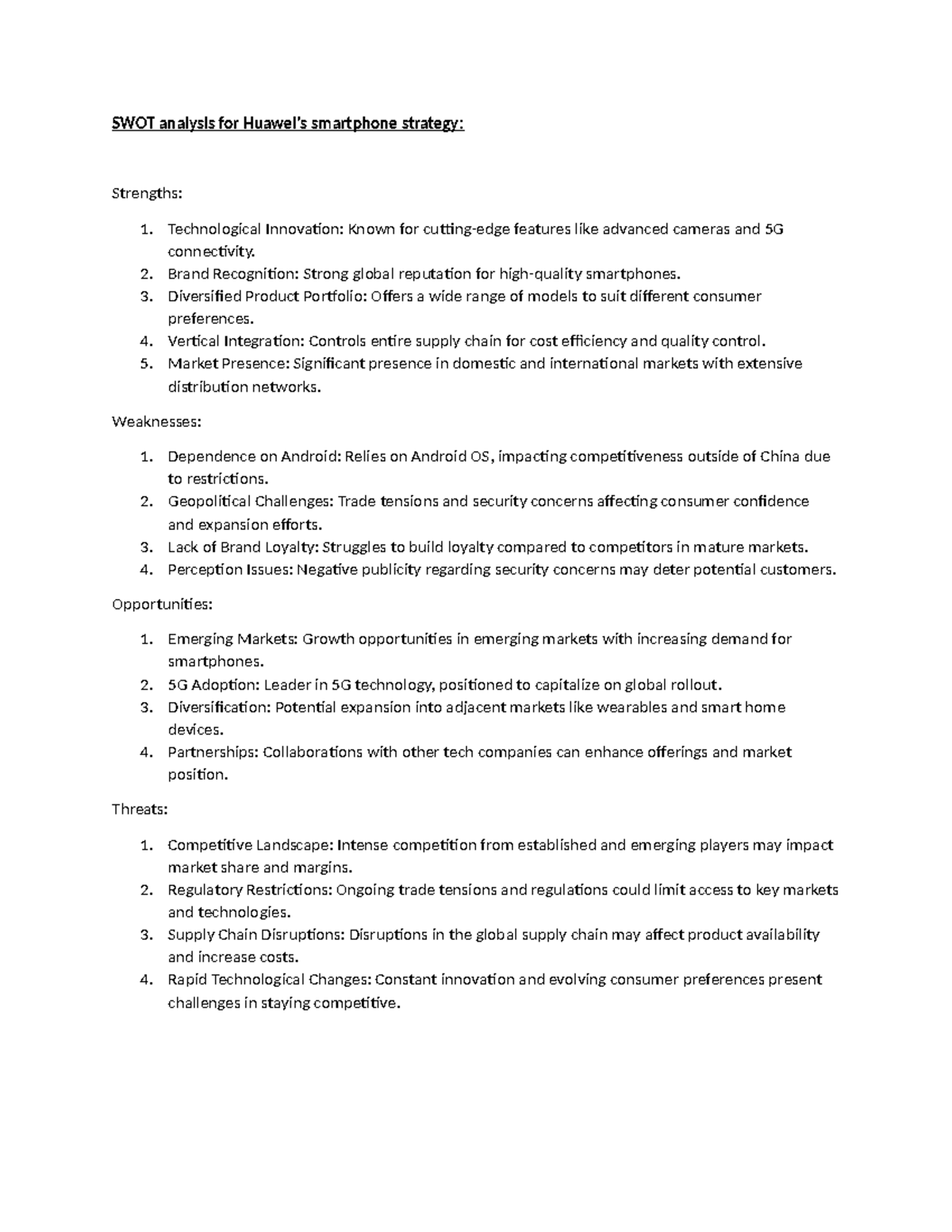 SWOT analysis for Huawei - Technological Innovation: Known for cutting ...