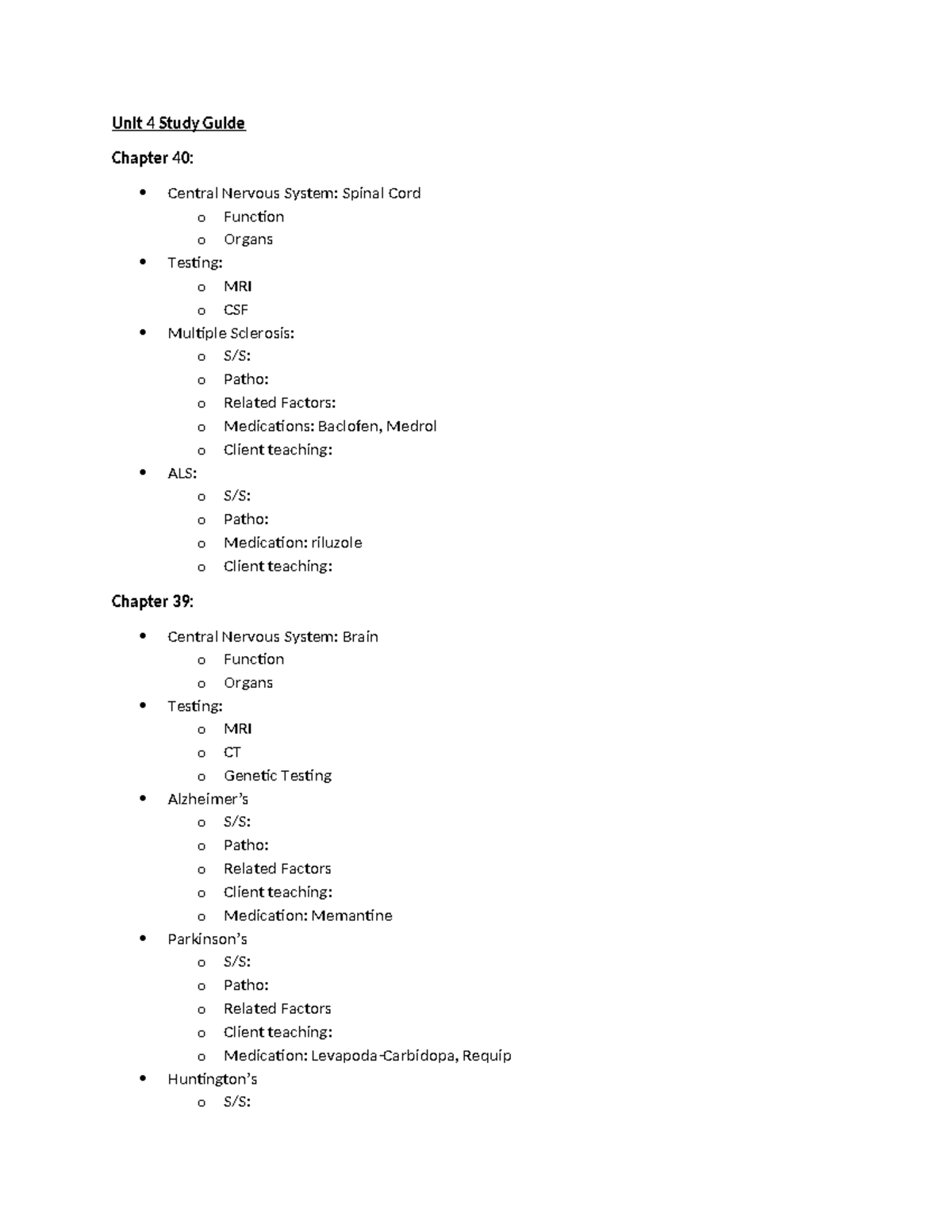 Unit 4 Study Guide - Unit 4 Study Guide Chapter 40: Central Nervous ...