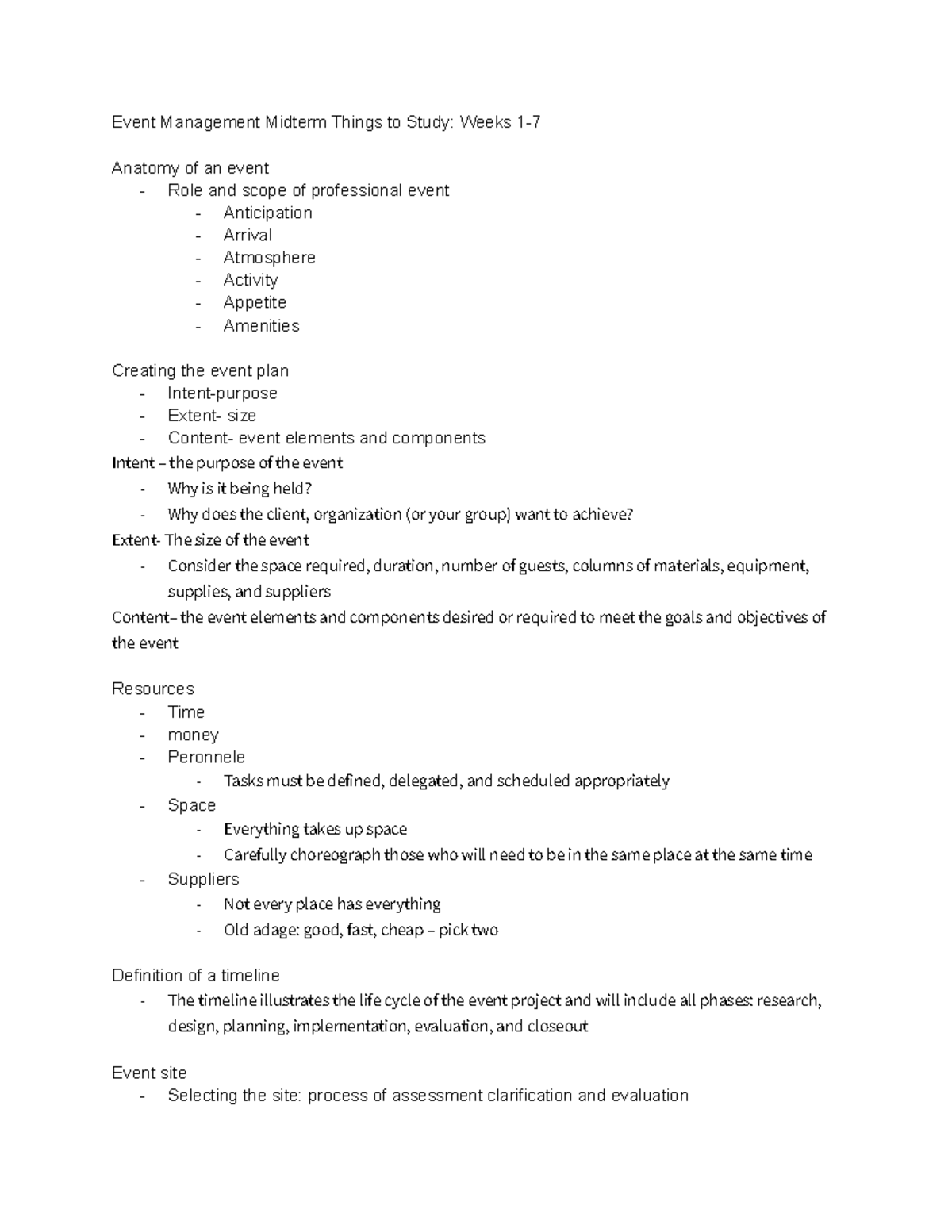 Event Management Midterm Things to Study - Studocu