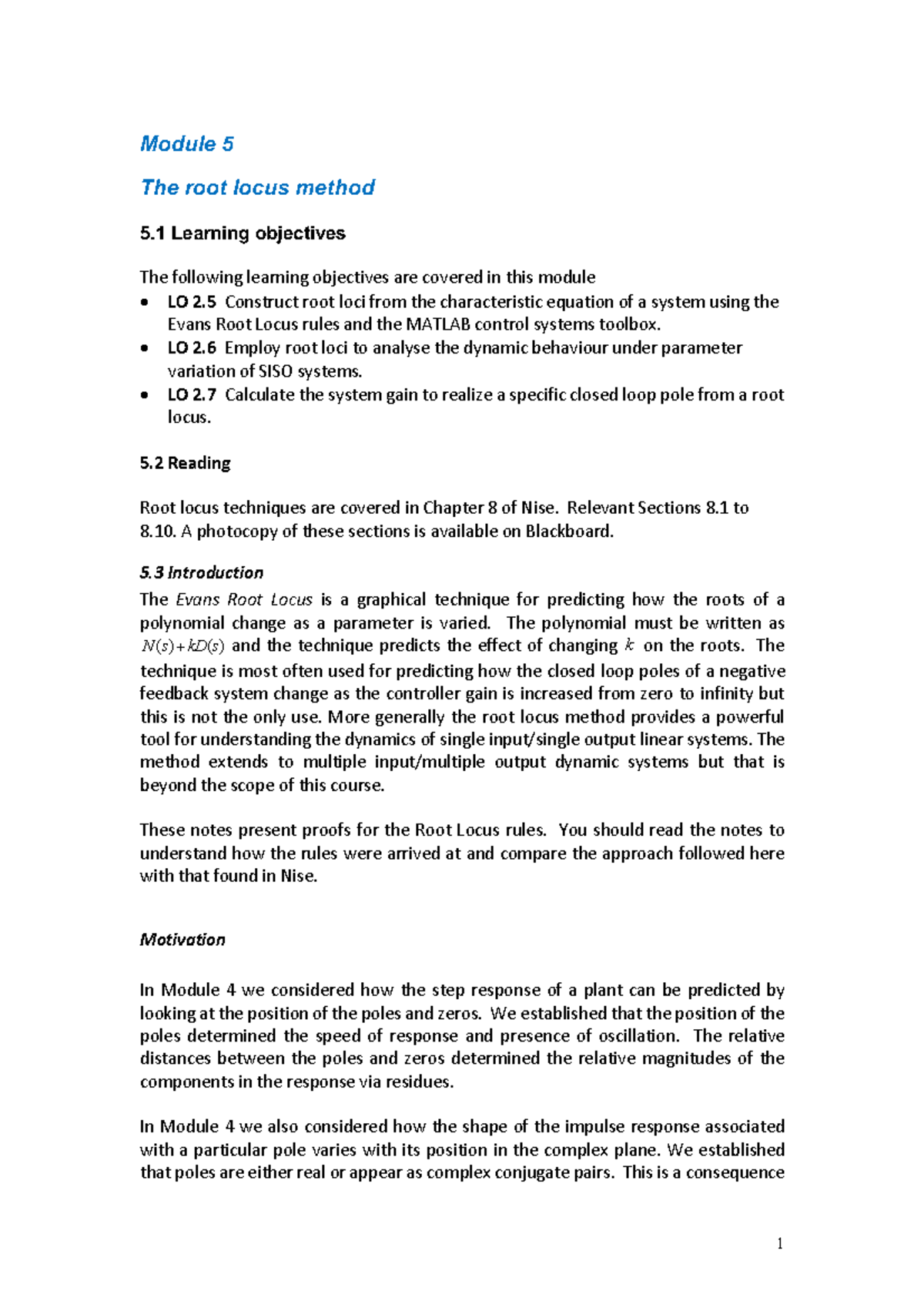 542011 9 - Module 5 The root locus method 5 .1 Learning objectives The following learning ...