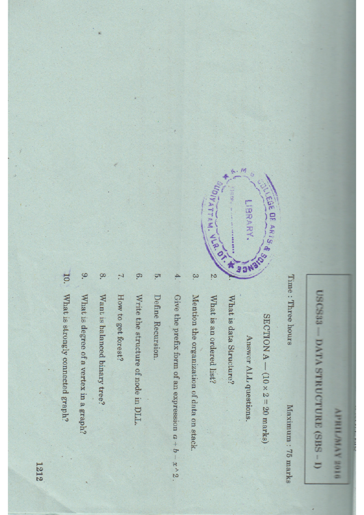 Pdf14 - DSA question paper - 2016 USCS33 DATA STRUCTURE (SBS Time ...