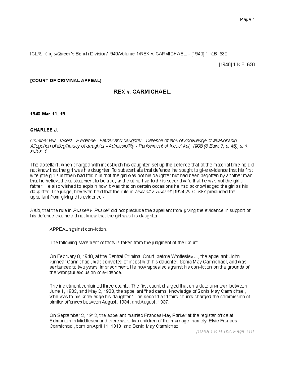 REX v. Carmichael. - [1940] 1 K - ICLR: King's/Queen's Bench Division ...