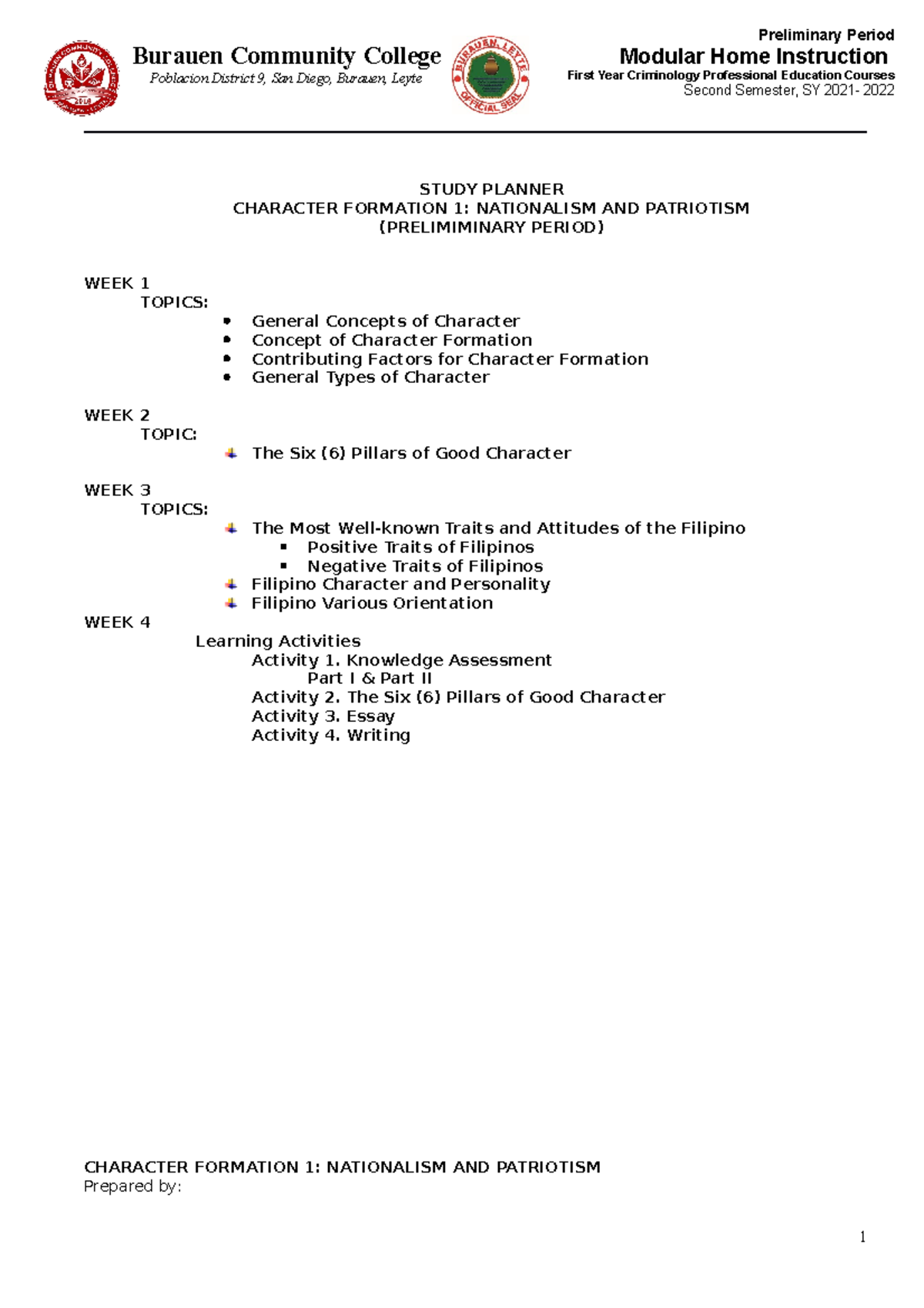 Character Formation 1 prelim - STUDY PLANNER CHARACTER FORMATION 1 ...