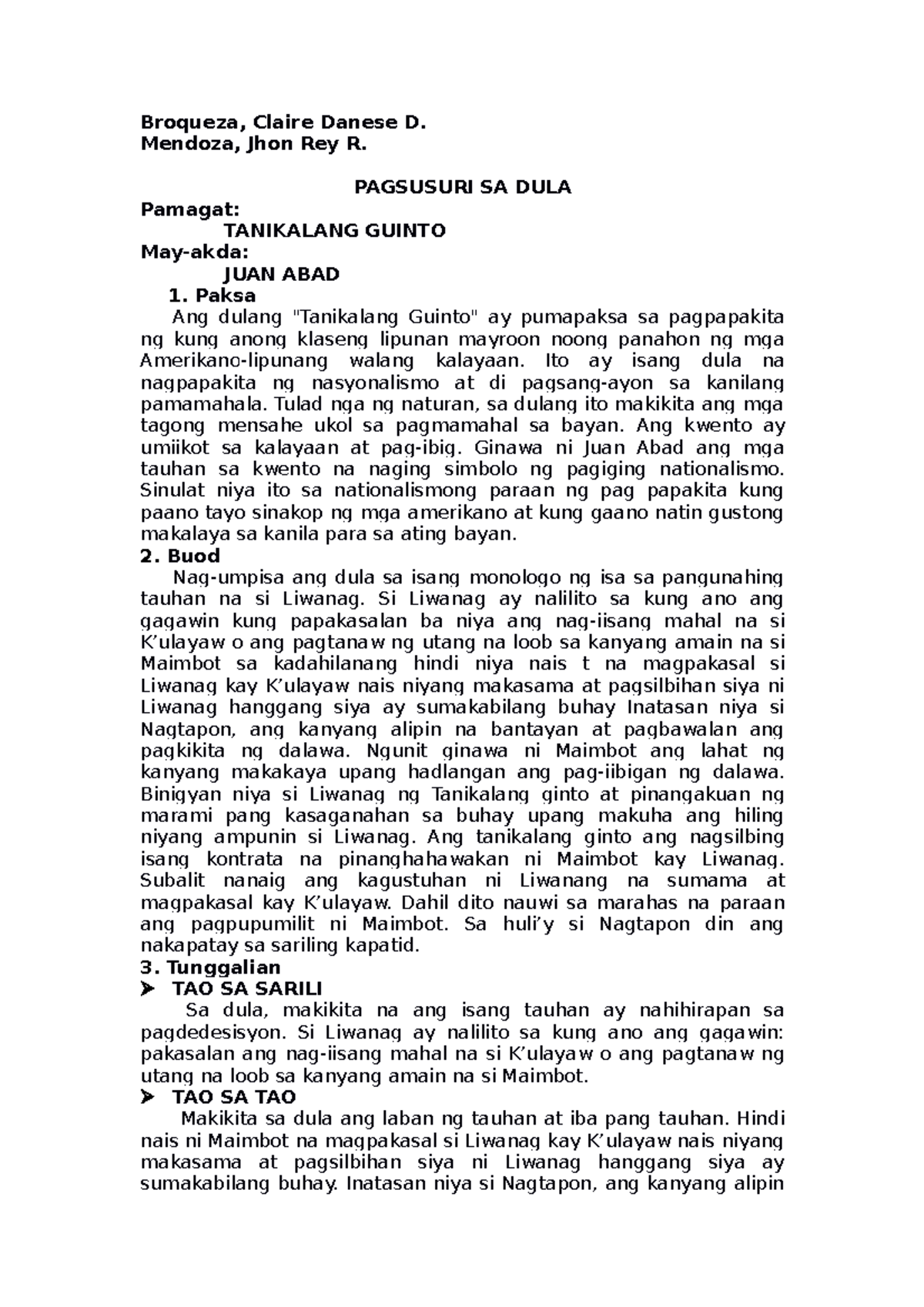 AKADEMIKONG PAPEL: PAGSUSURI NG ISANG DULA - Broqueza, Claire Danese D ...