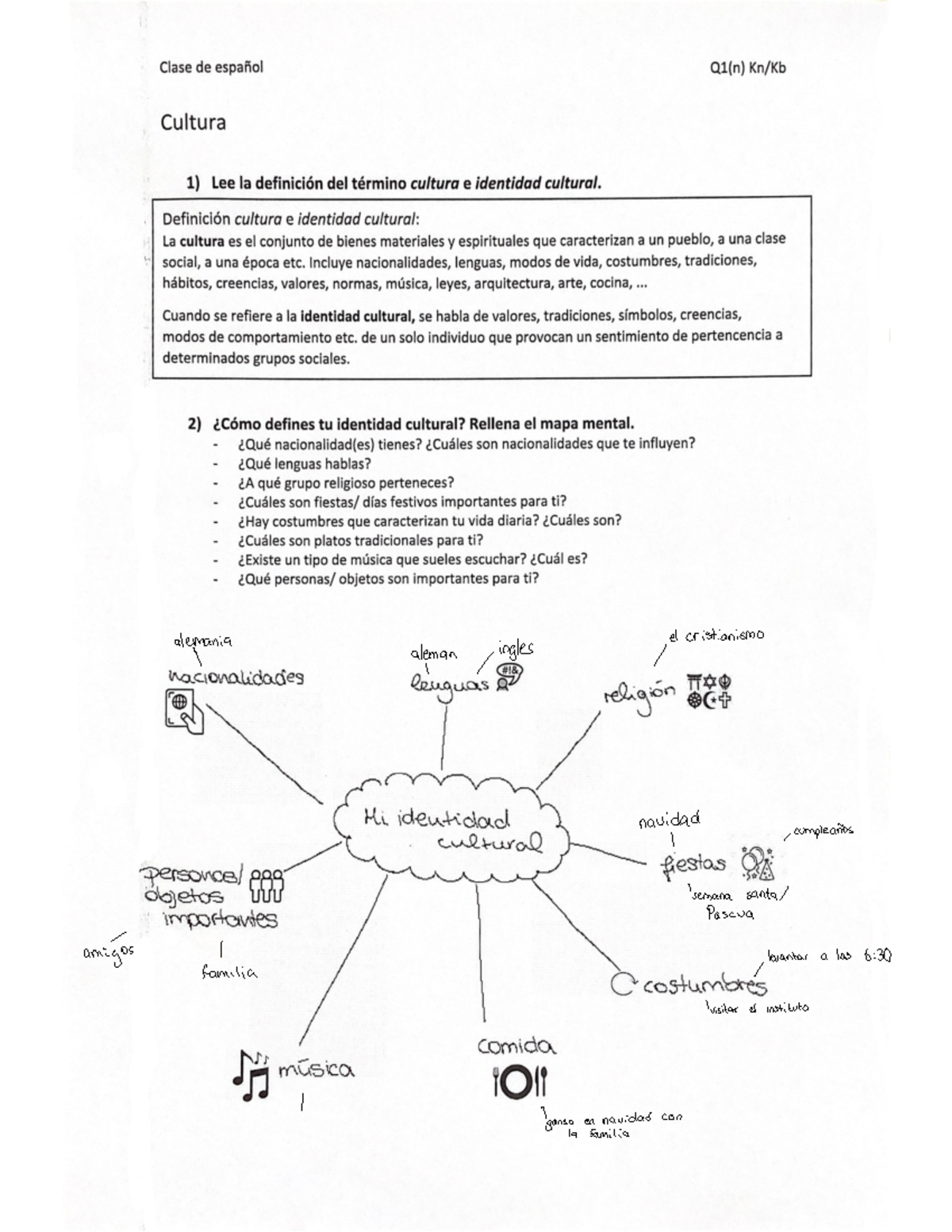 La Cultura y identidad - Clase de español Q1(n) Kn/Kb Cultura 1) Lee la ...