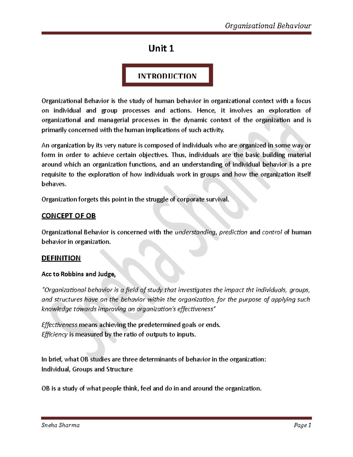 Unit 1 OB - Lecture notes 6 - Organisational Behaviour Unit 1 ...