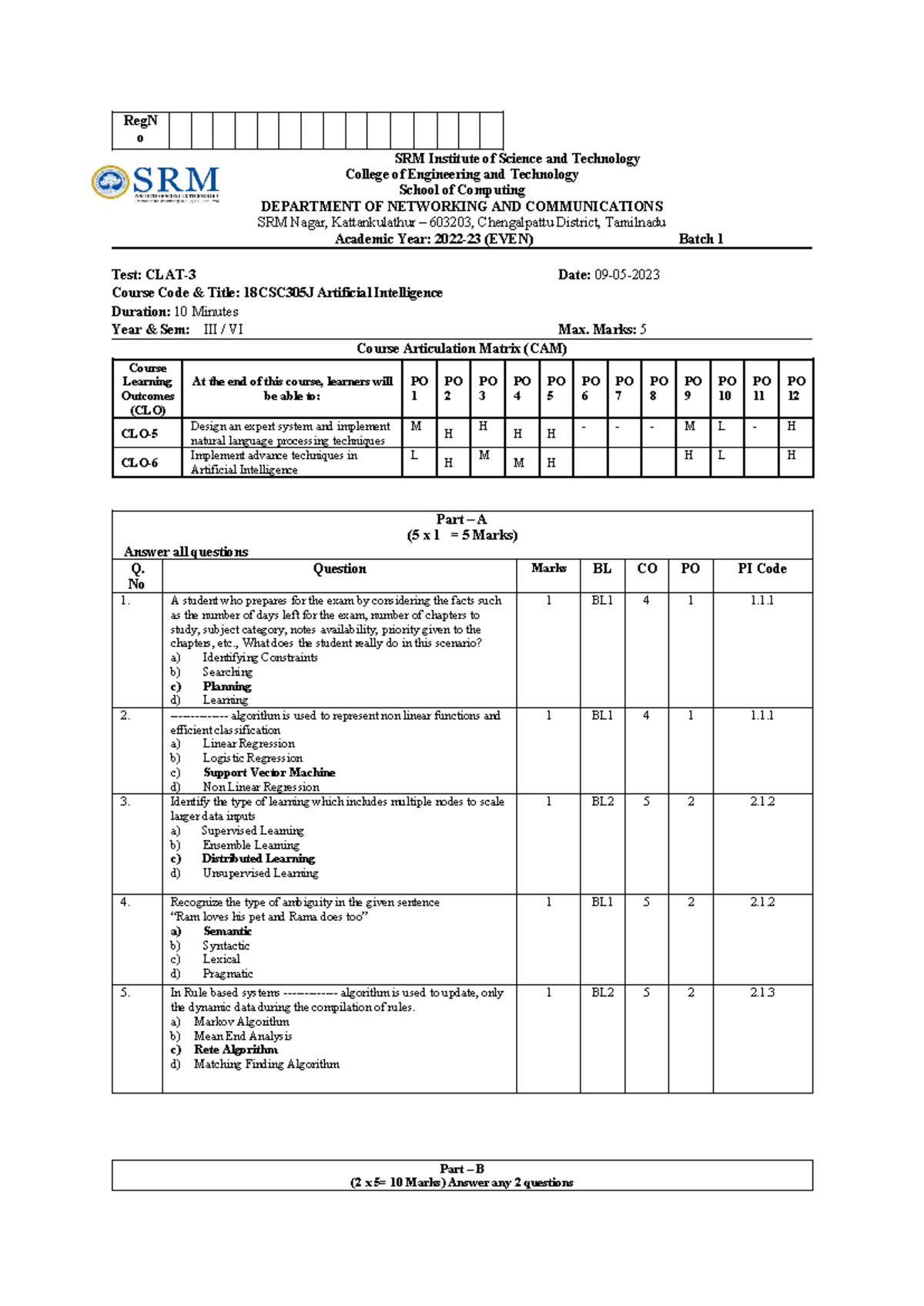 Ai Ct3 B1 Answer Key Note Regn O Srm Institute Of Science And Technology College Of