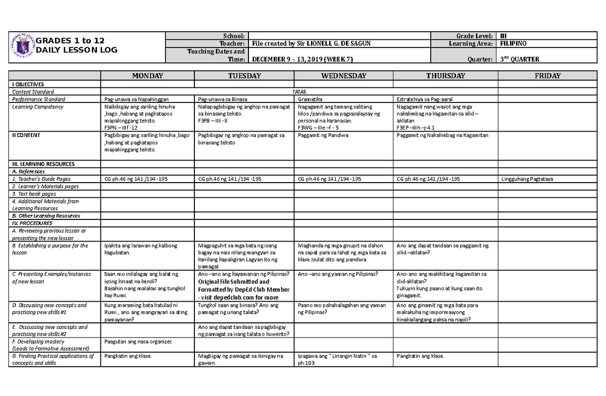 DLL Filipino 3 Q3 W7 - example lesson plan - GRADES 1 to 12 DAILY LESSON LOG School: Grade Level ...