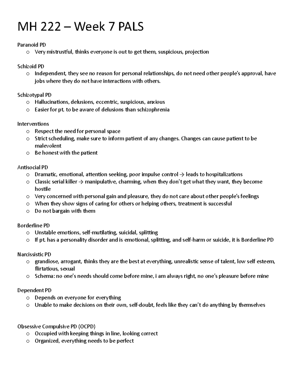 MH 222- week 7. PALS - Mental health - MH 222 – Week 7 PALS Paranoid PD ...
