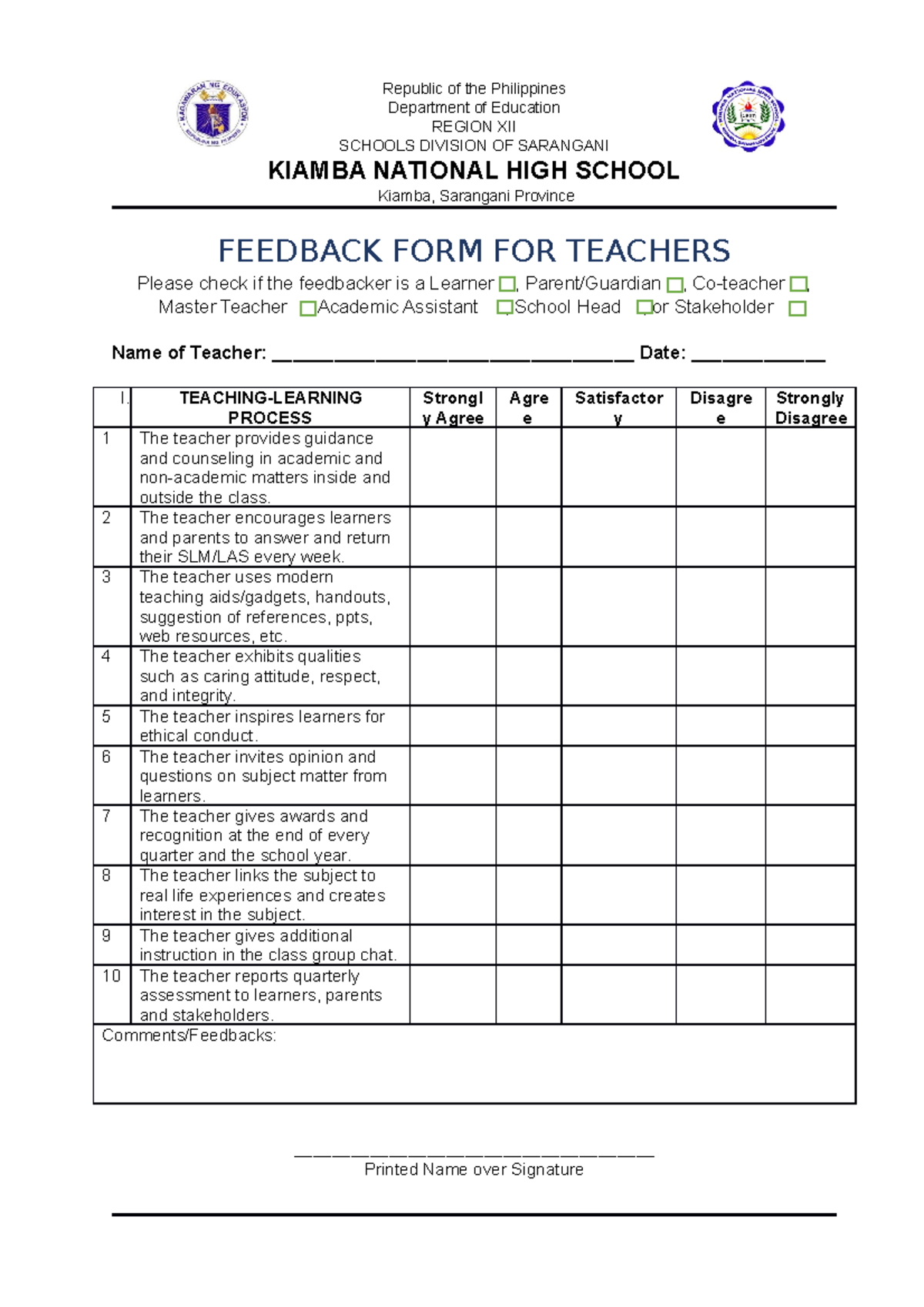 Feedback FORM FOR Teachers - Republic of the Philippines Department of ...