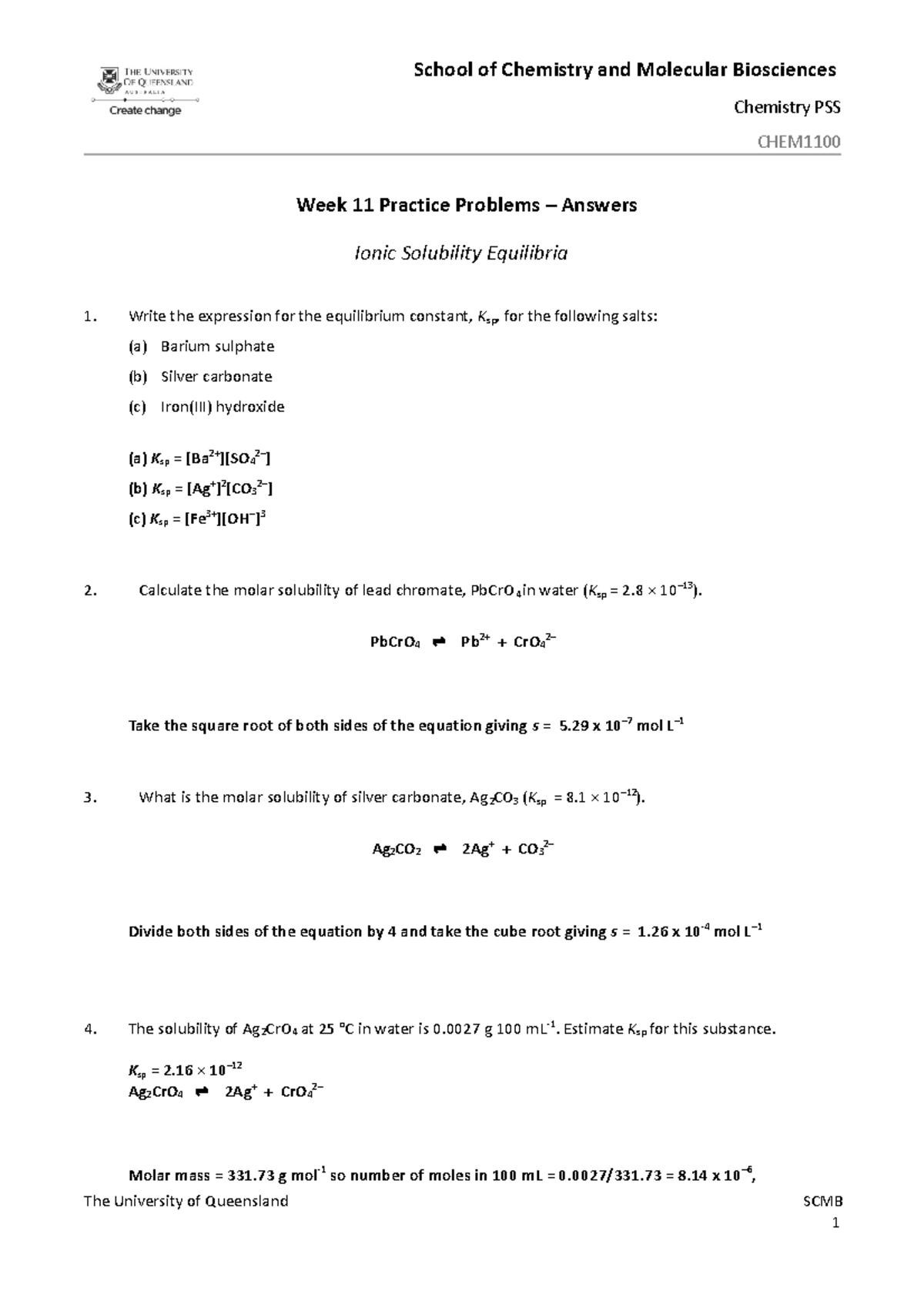 CHEM1100 Week 11 PSS Worksheet - Answers - Chemistry PSS CHEM Week 11 Practice Problems ...