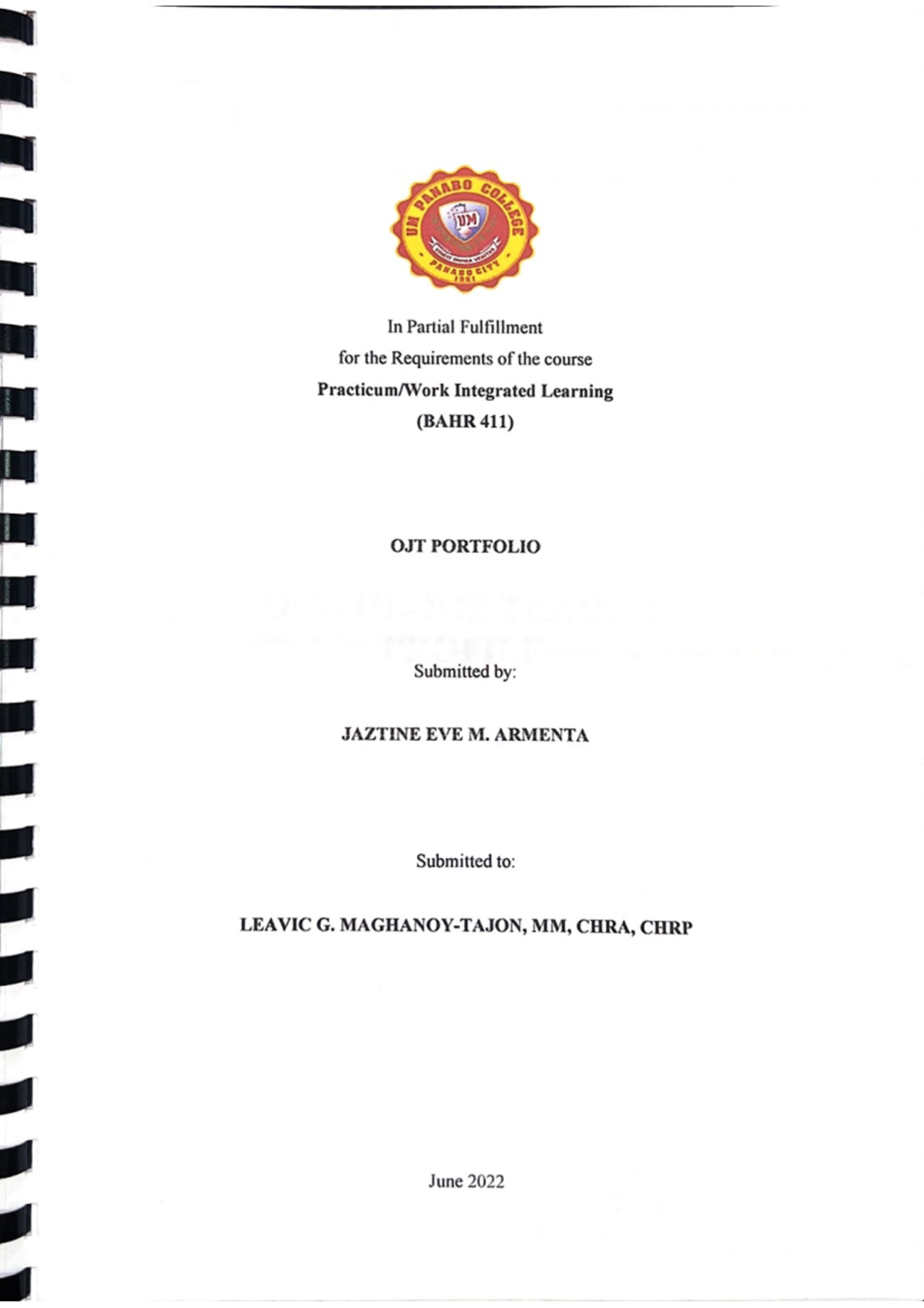 Sample-Portfolio - Internship Portfolio - PANABO U COUNTRY In Partial ...