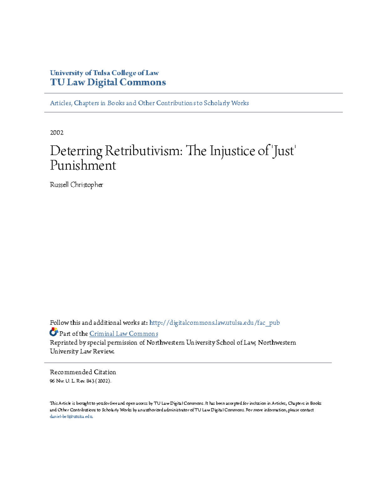 Deterring Retributivism The Injustice of Just Punishment - University ...