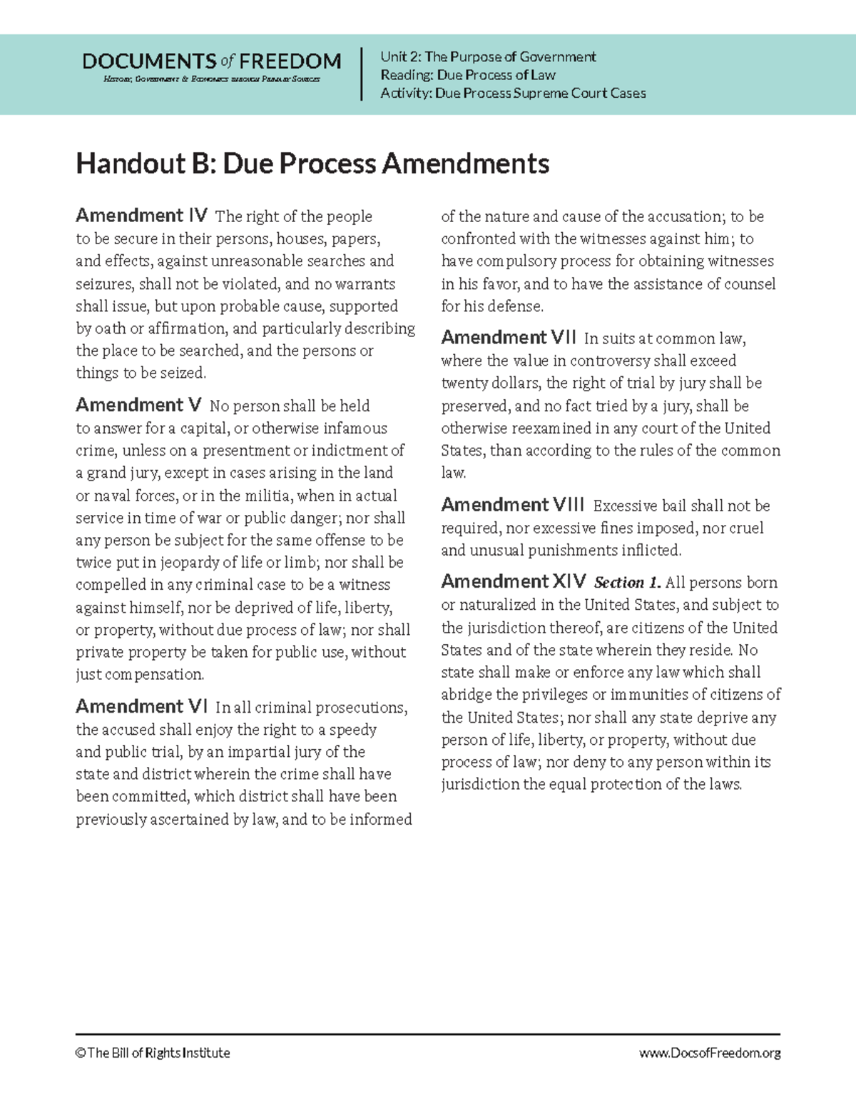 Handout B Due Process Amendments - © The Bill of Rights Institute ...