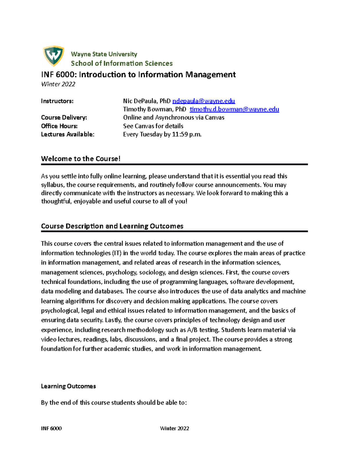 INF 6000 Syllabus - Winter 2022 - v - Wayne State University School of ...