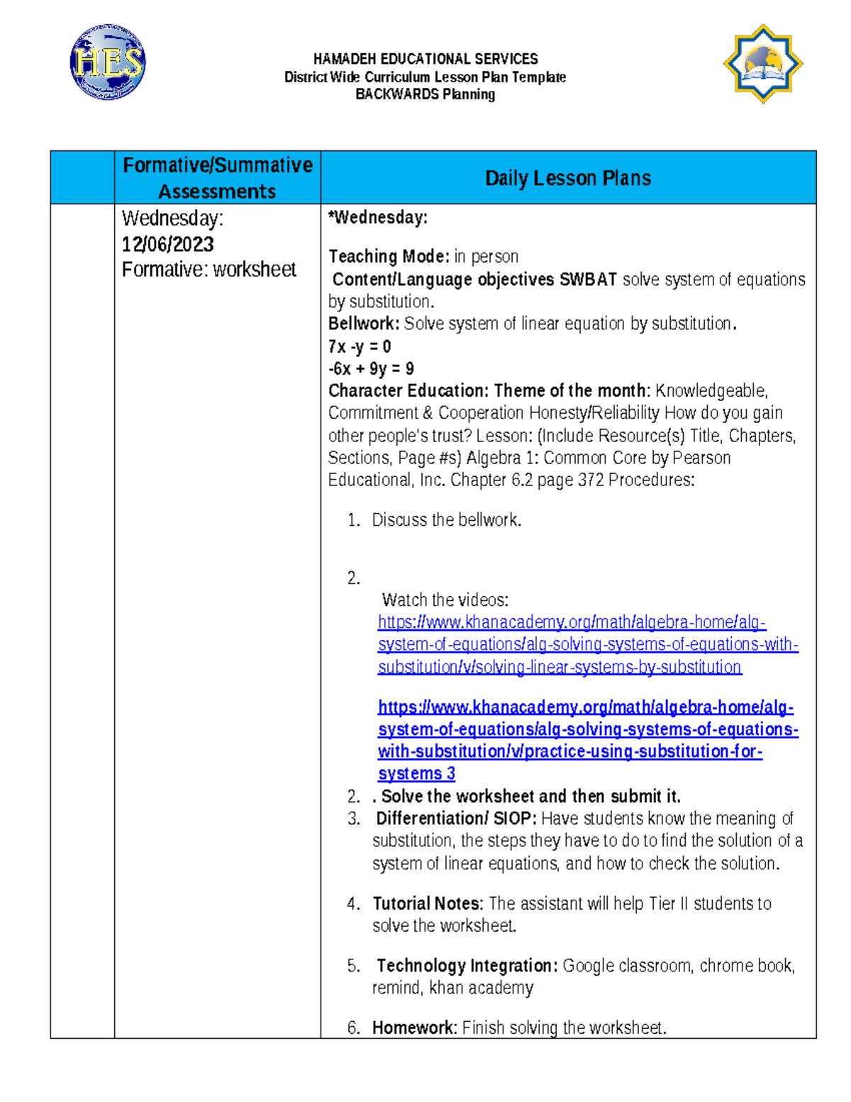 Lesson plan grade 9 - HAMADEH EDUCATIONAL SERVICES District Wide ...