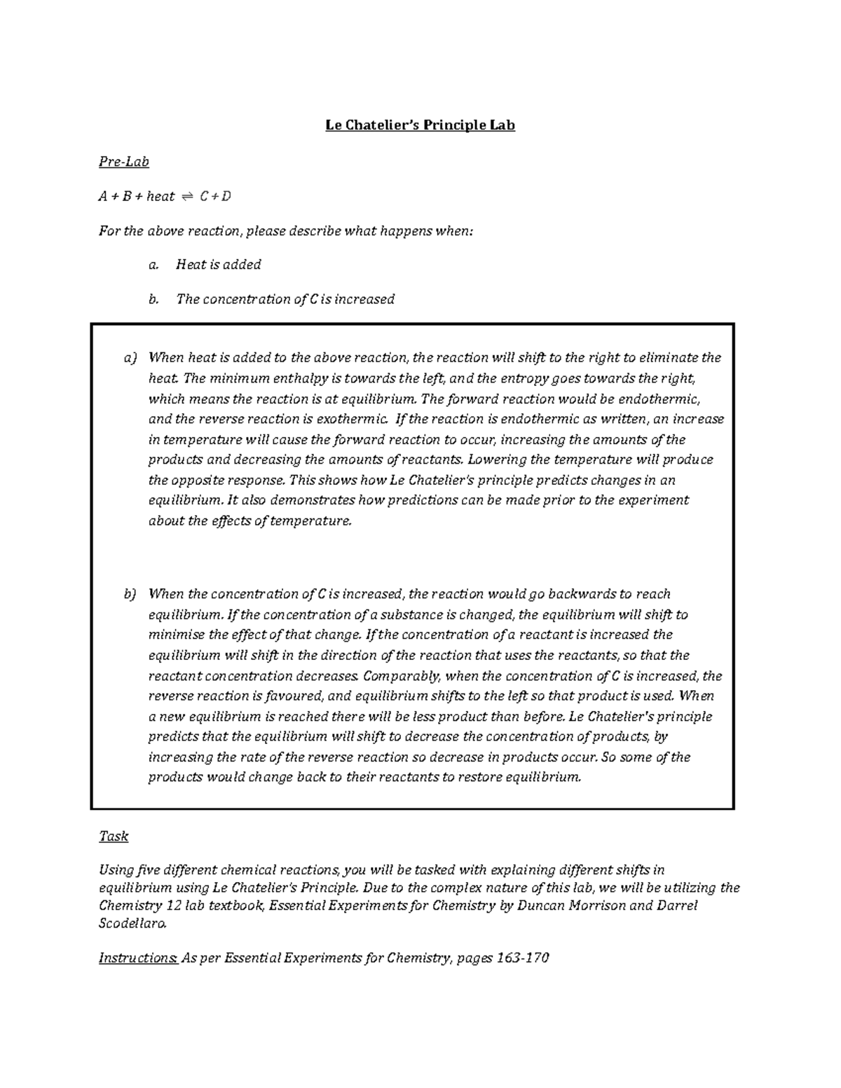 Copy of chemical equilibrium lab - Le Chatelier’s Principle Lab Pre-Lab ...