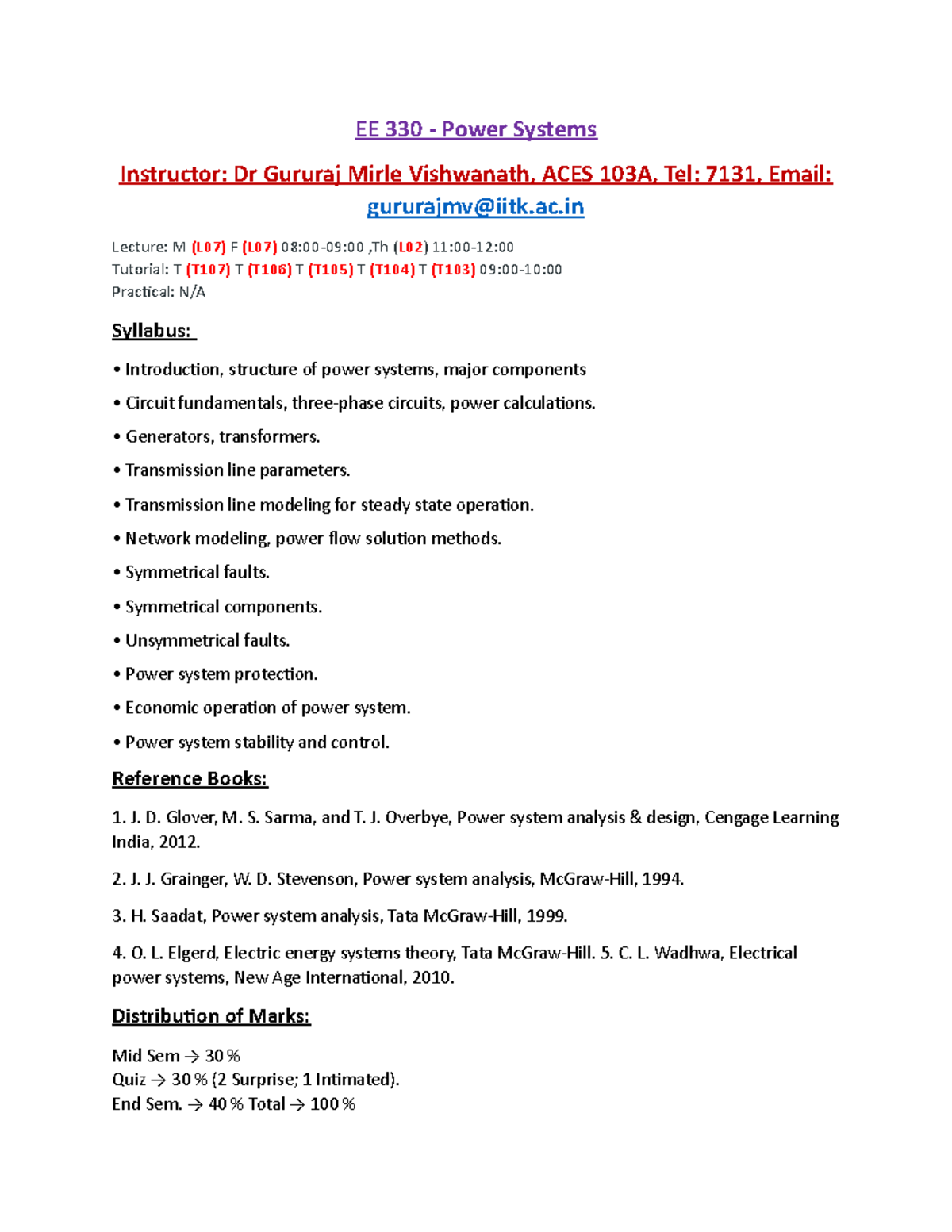 EE330 FCH - THIS IS THE FIRST COURSE HANDOUT OF THE COURSE - EE 330 - Power Systems Instructor ...