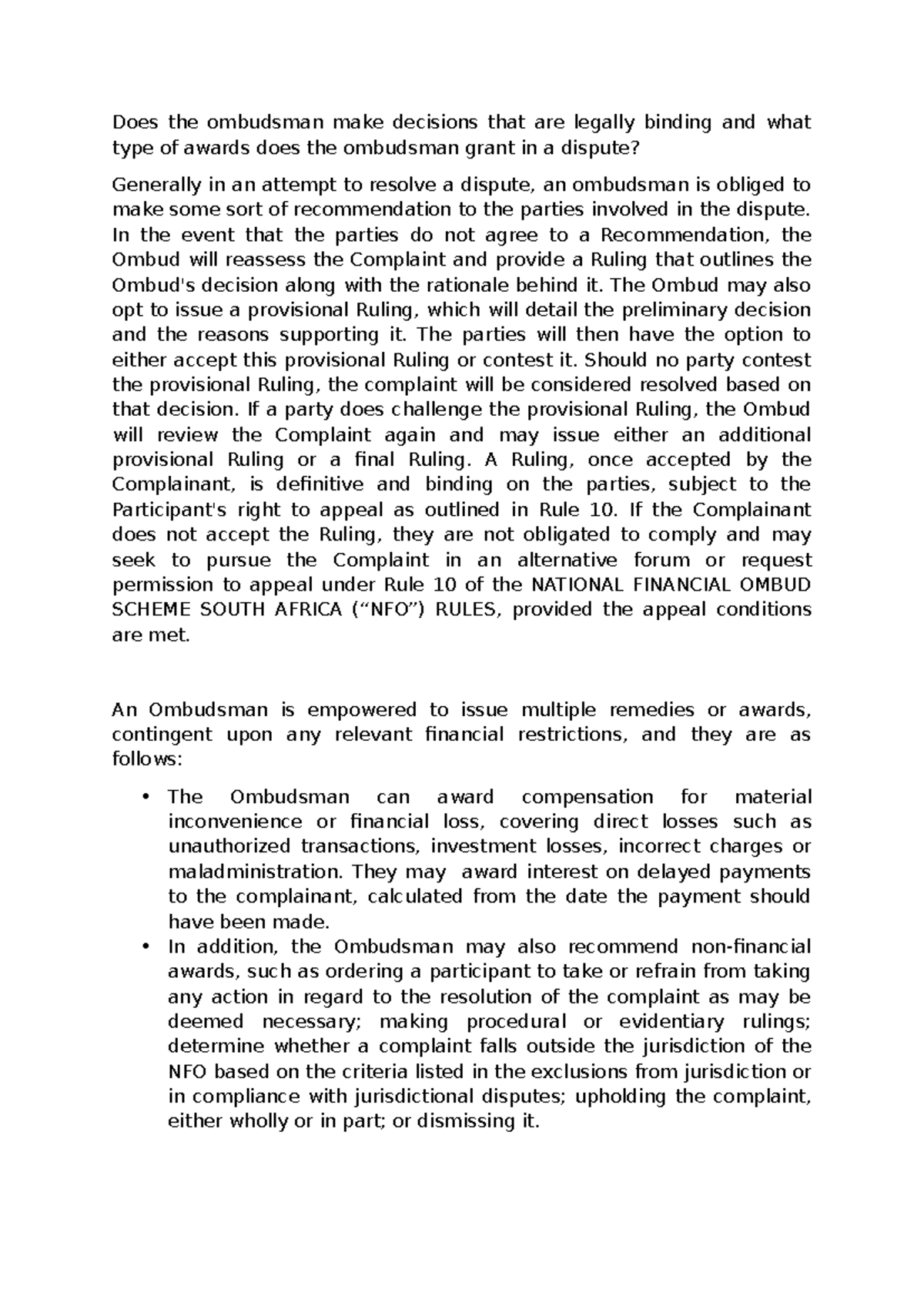 Decisions and Awards of the ombudsman - Does the ombudsman make ...