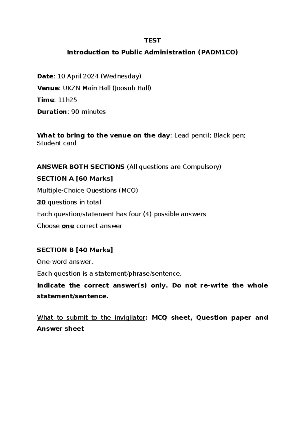 Test information - exam papers with answers that can help me do wee ...