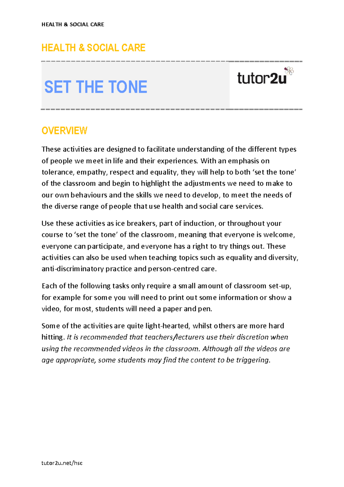 Set the Tone HSC - useful note - HEALTH & SOCIAL CARE OVERVIEW These ...