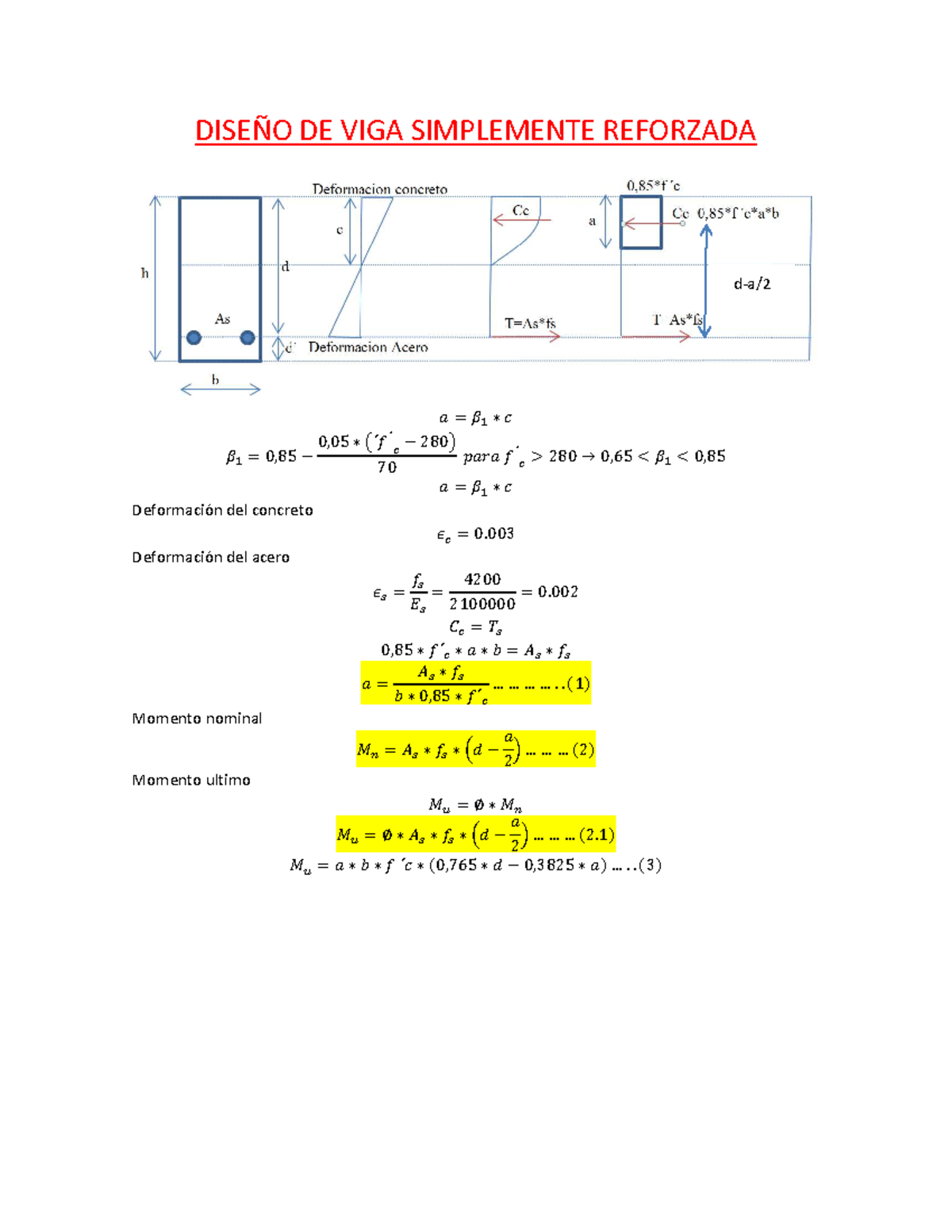 Vigas ecuaciones ejemplos - DISEÑO DE VIGA SIMPLEMENTE REFORZADA 𝑎 = 𝛽 ...