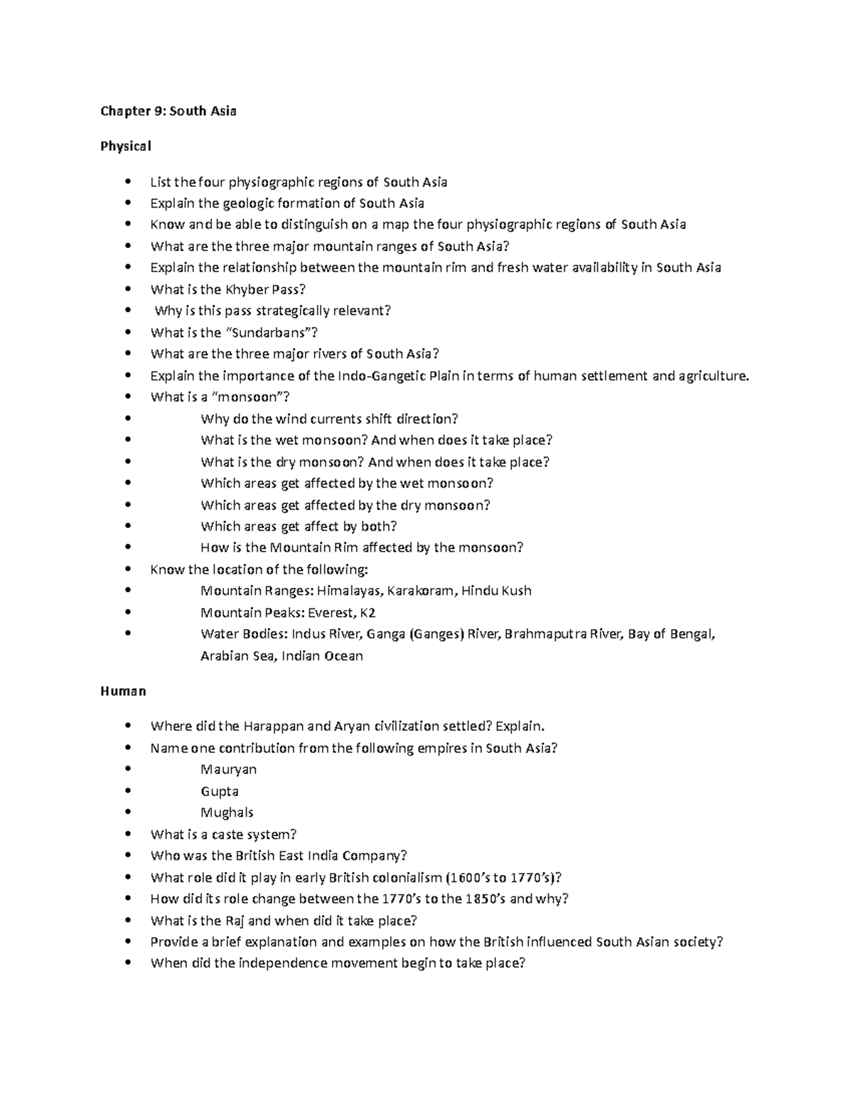 South Asia Review Questions - Chapter 9: South Asia Physical List the ...