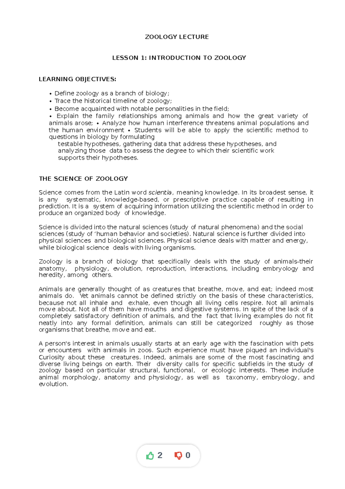 Handout-pdf-introduction-to-zoology - ZOOLOGY LECTURE LESSON 1: INTRODUCTION TO ZOOLOGY LEARNING ...