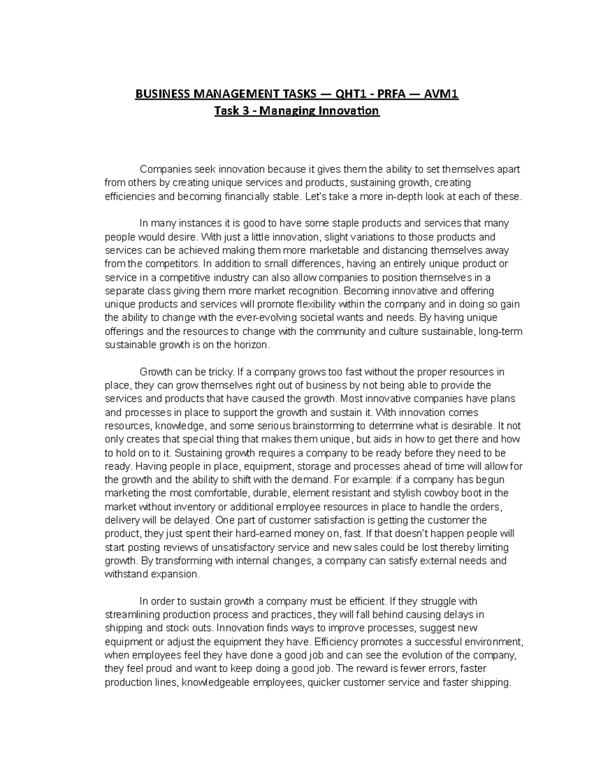 QHTI Business Management Task 3 Innovation Copy - BUSINESS MANAGEMENT ...