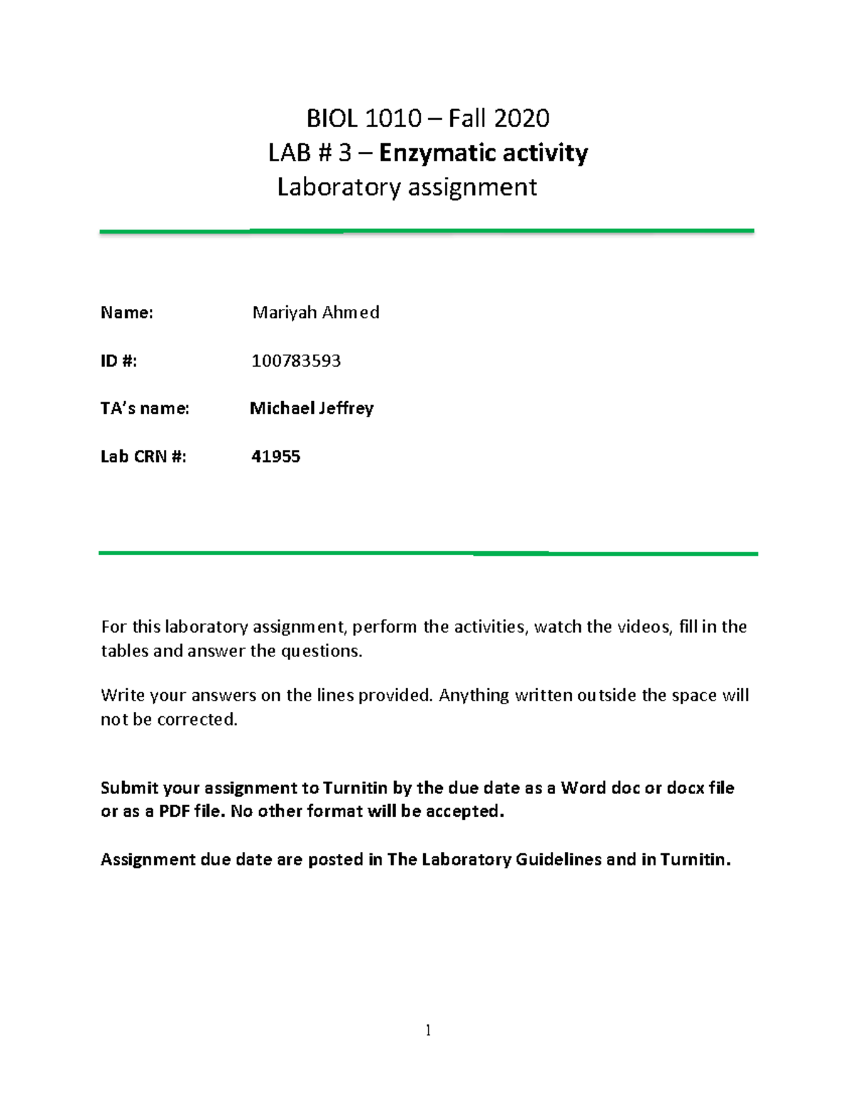 Mariyah Ahmed Lab 3 Assignment - BIOL 1010 – Fall 2020 LAB # 3 ...