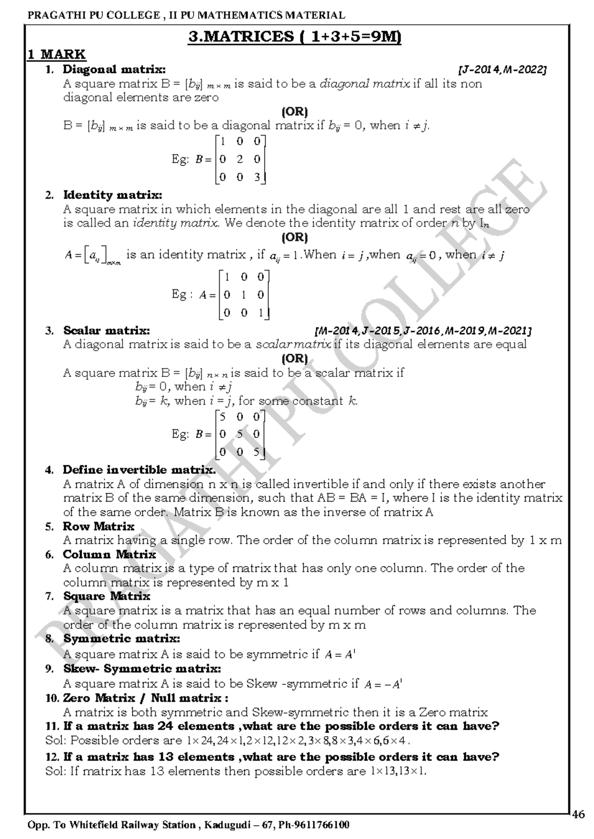 Matrices II PUC - DBMS notes - 46 ####### 3 ( 1+3+5= 9 M) 1 MARK 1 ...