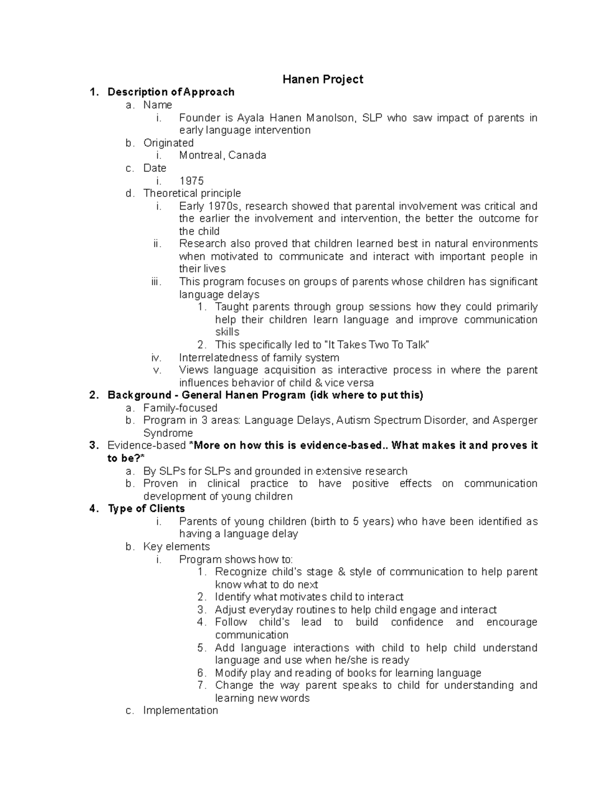 Child Intervention-Based Approaches - Hanen Project Description of ...