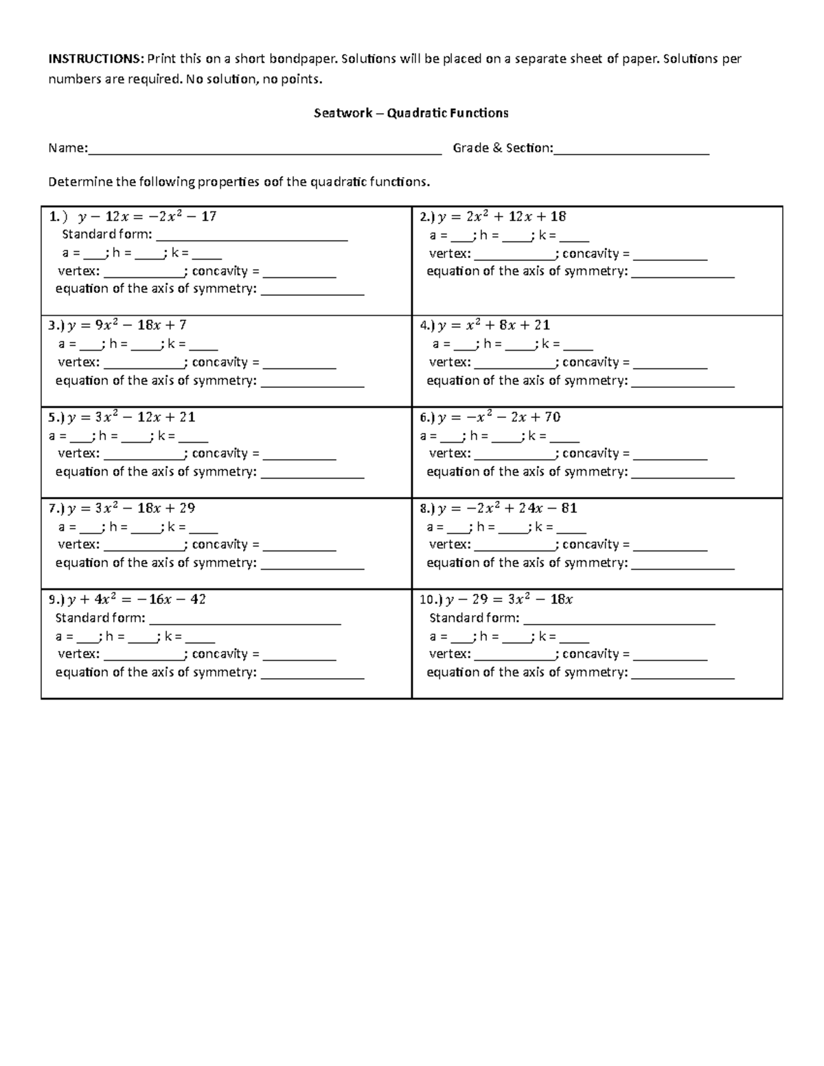 Seatwork-quadratic-functions - INSTRUCTIONS: Print this on a short ...